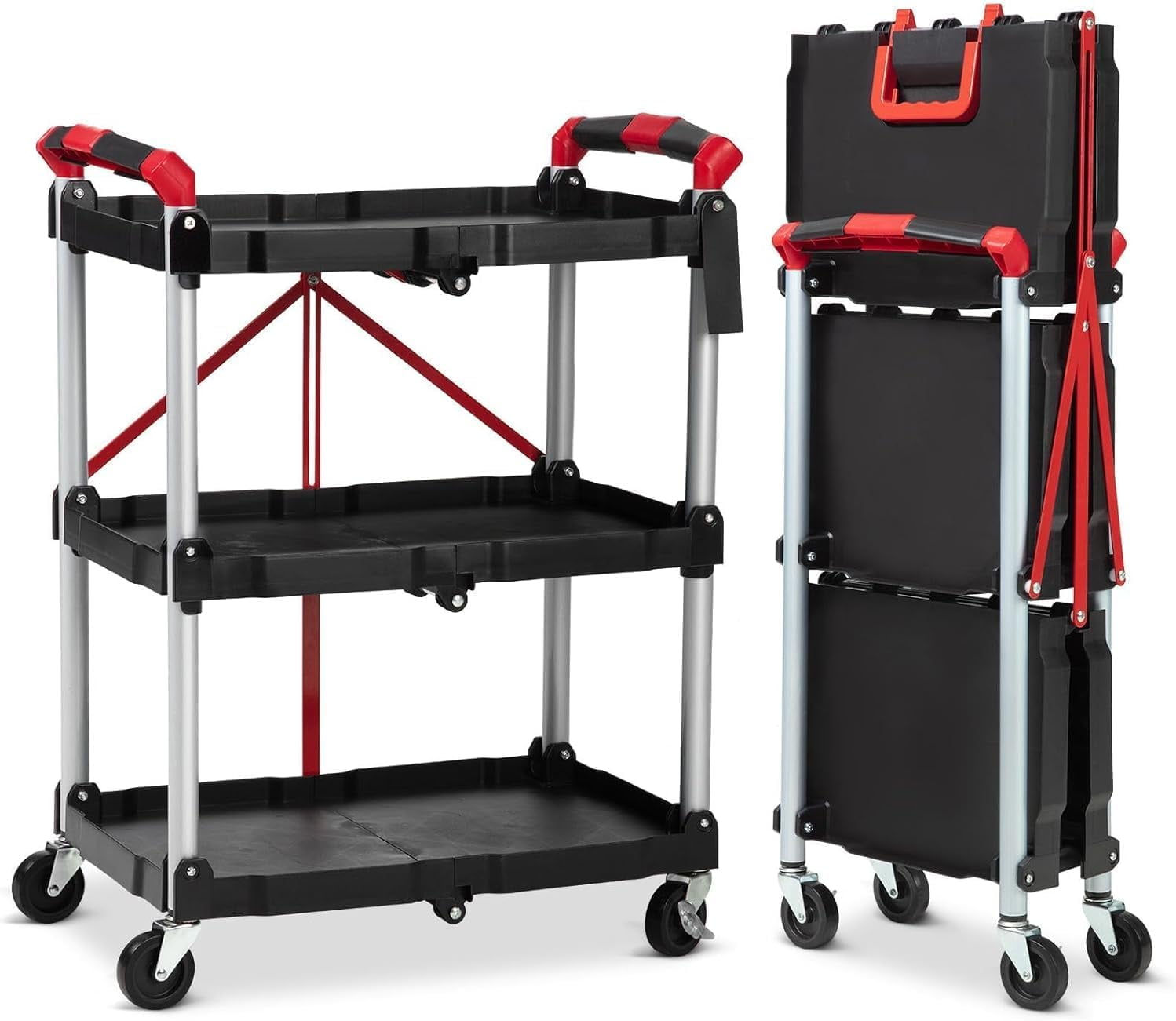 Foldable Utility Cart, Three Tier Rolling Cart, Grocery Carts On Wheels ...