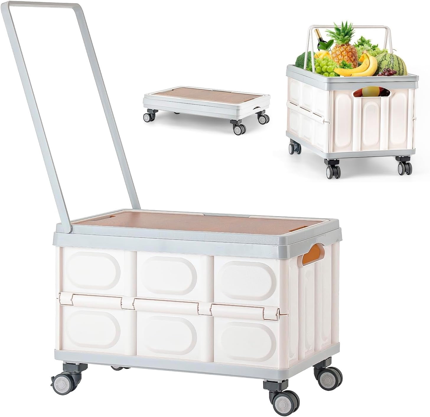 Foldable Utility Cart with Wooden Cover,Folding Portable Rolling Crate ...