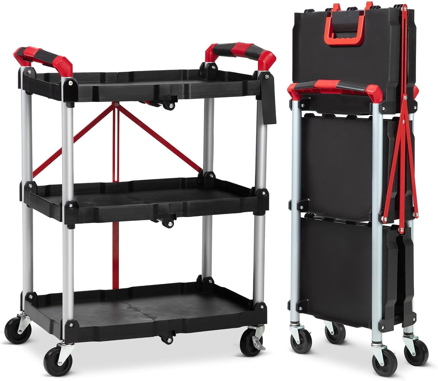 Foldable Utility Carts with Wheels, 3-Tier Holds Folding Rolling Cart ...