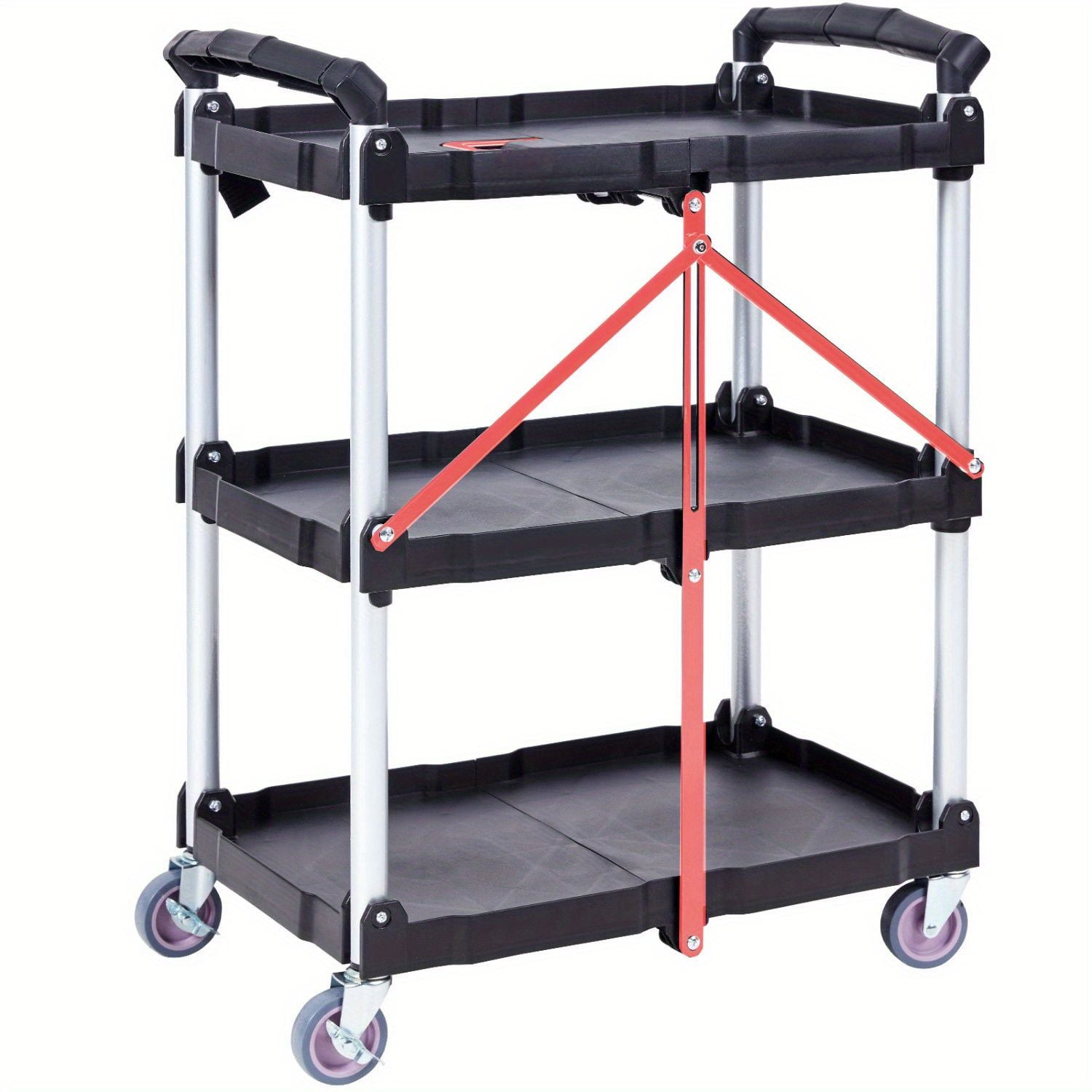 Foldable Utility Service Cart, 3 Shelf 165LBS Heavy Duty Plastic ...