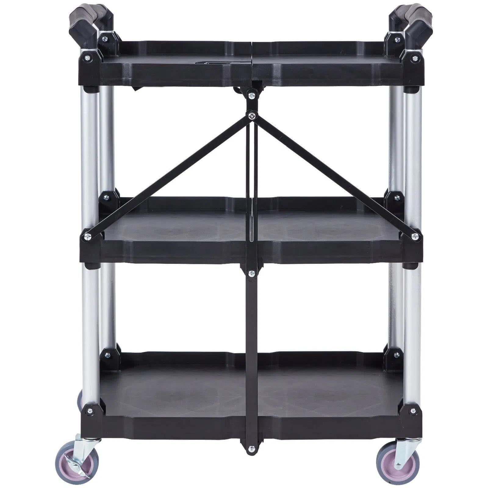Foldable Utility Service Cart, 3 Shelf Heavy Duty Plastic Rolling Cart ...