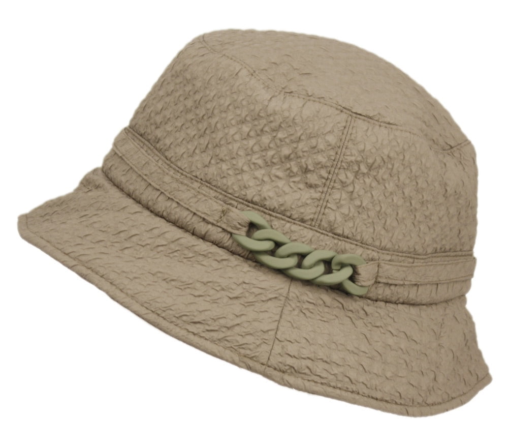 Foldable Water Repellent Diamond-Quilted Rain Hat w/Decorative Chain & Adjustable Drawstring ...