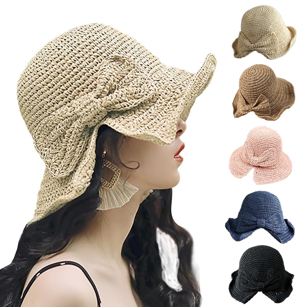 Foldable Wide Brim Floppy Straw Beach Sun Hat, Summer Cap with Bowknot ...