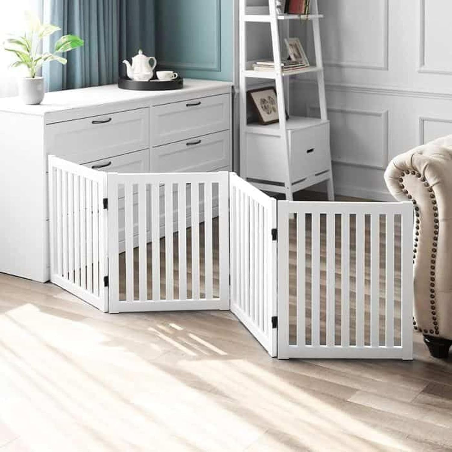 Foldable Wooden Pet Gate 4Panel Free Standing Safety Barrier for Dogs ...