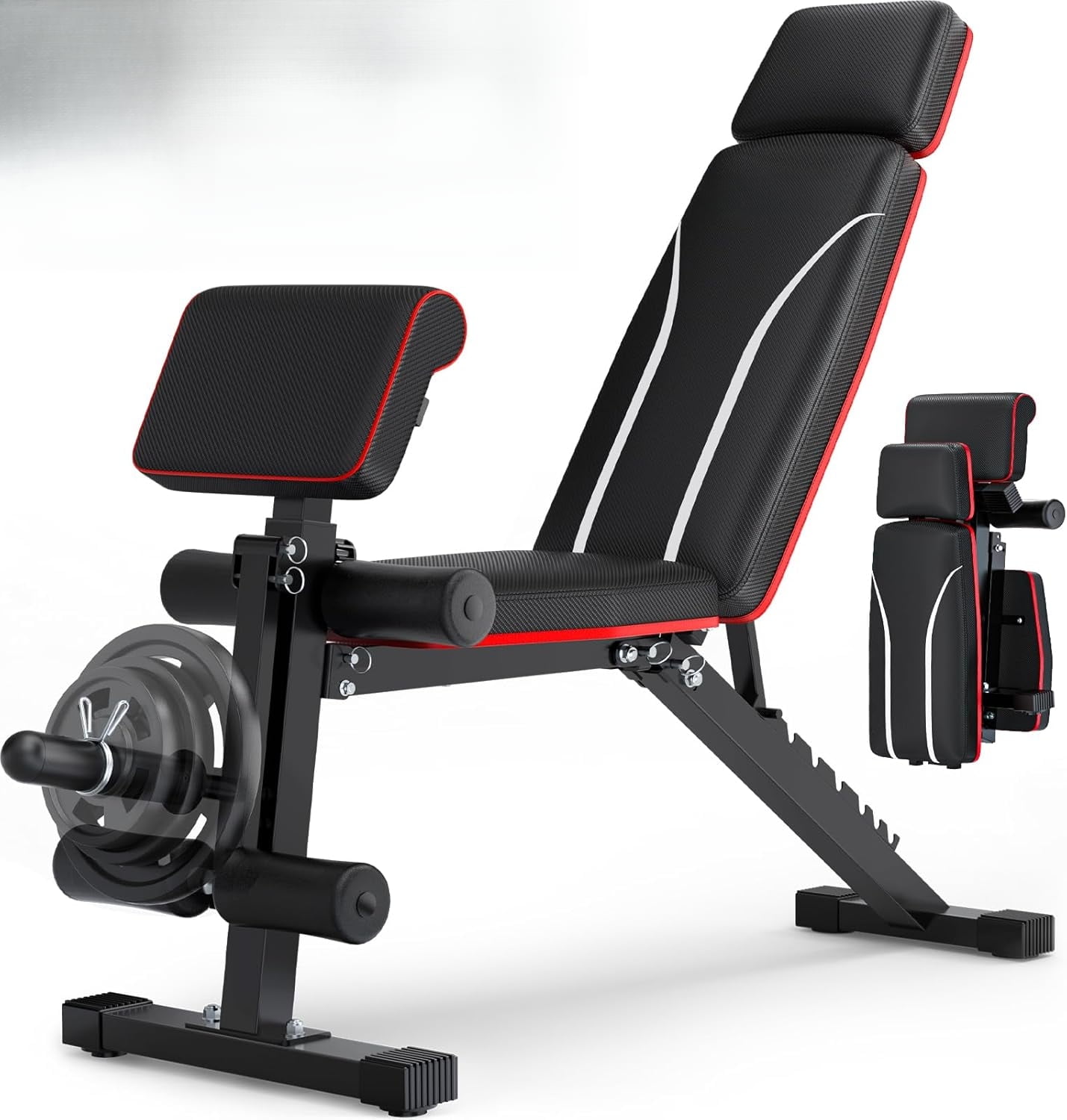 Foldable Workout Bench with Leg Extension, Adjustable Weight Bench w/Preacher Culr, Extended ...
