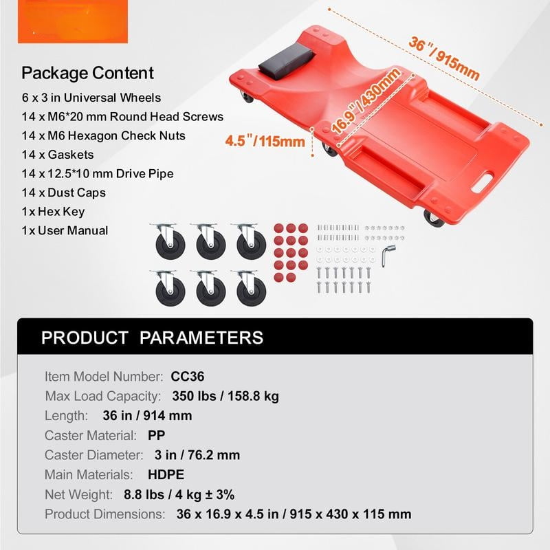 Foldable Z Garage Creeper, 36 in, 300 lbs Load Capacity Rolling Folding ...
