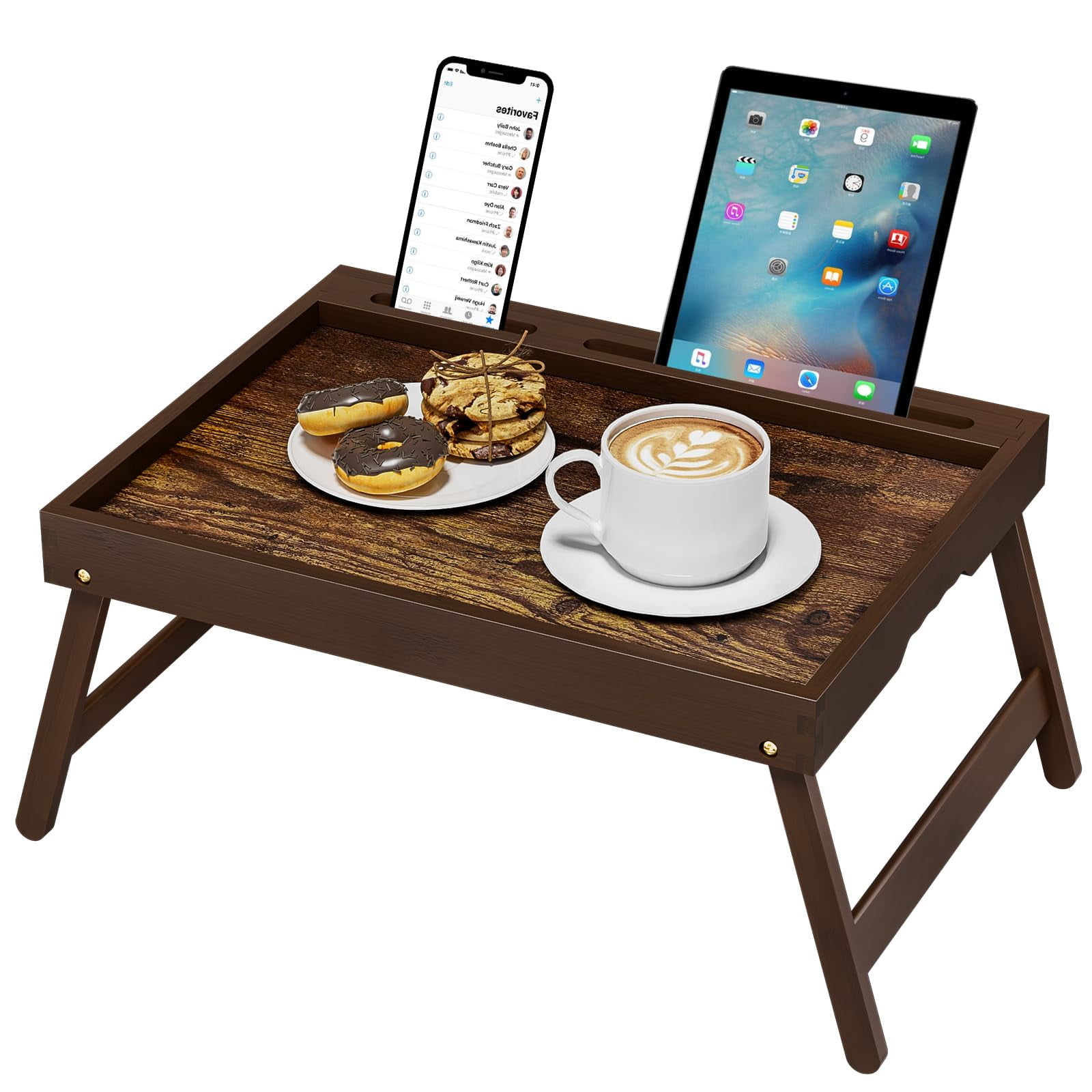 Foldable bamboo breakfast tray with detachable stand, ergonomic handle ...