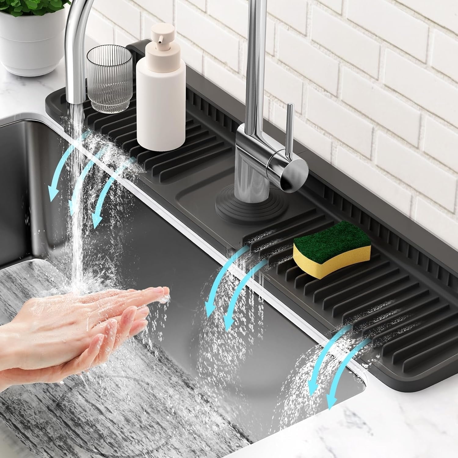 Foldable faucet mat for kitchen sink splashback [7° inclined fast self-draining] [snap mount ...