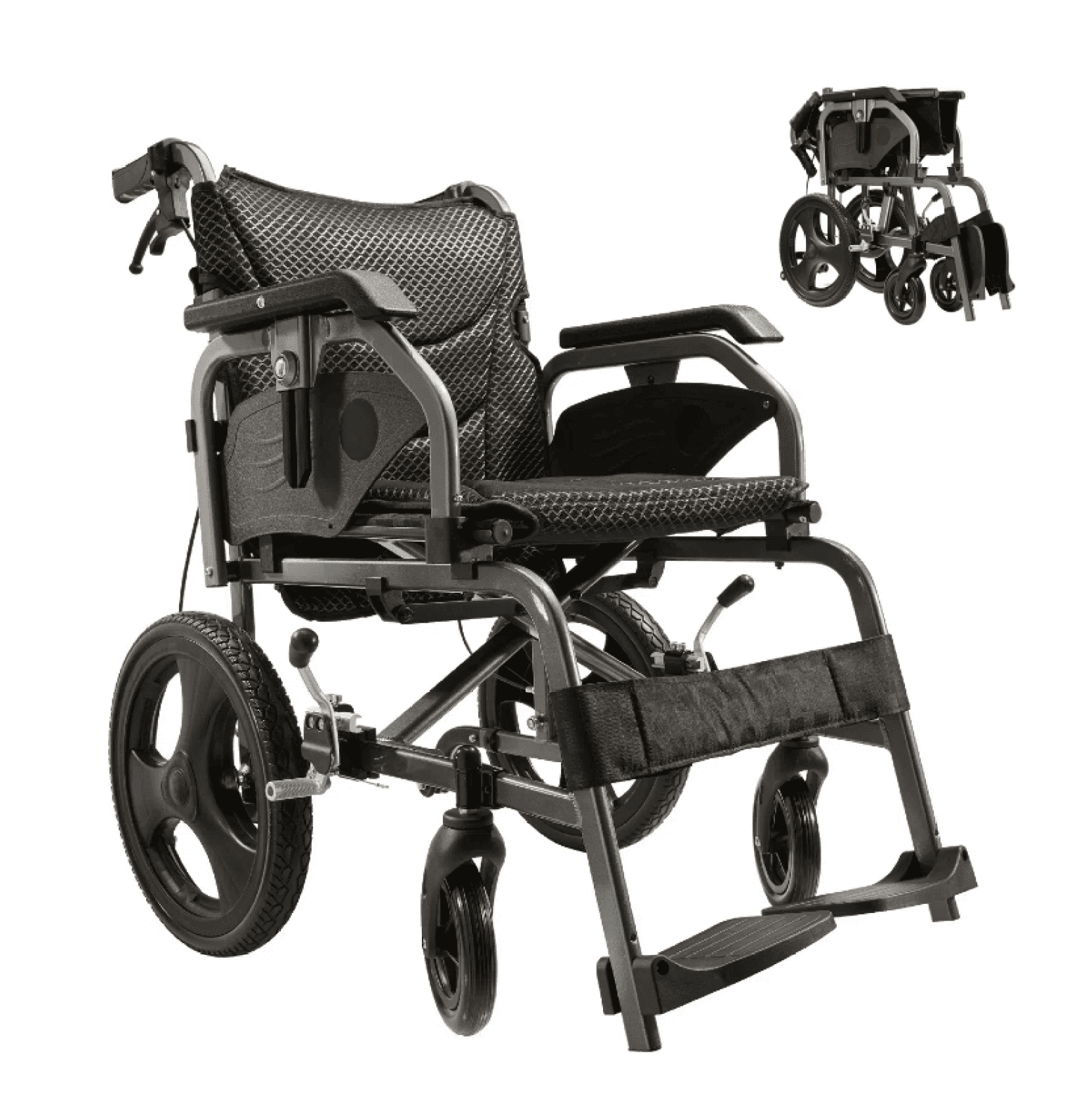 Foldable lightweight wheelchair. Equipped with double hand brakes ...