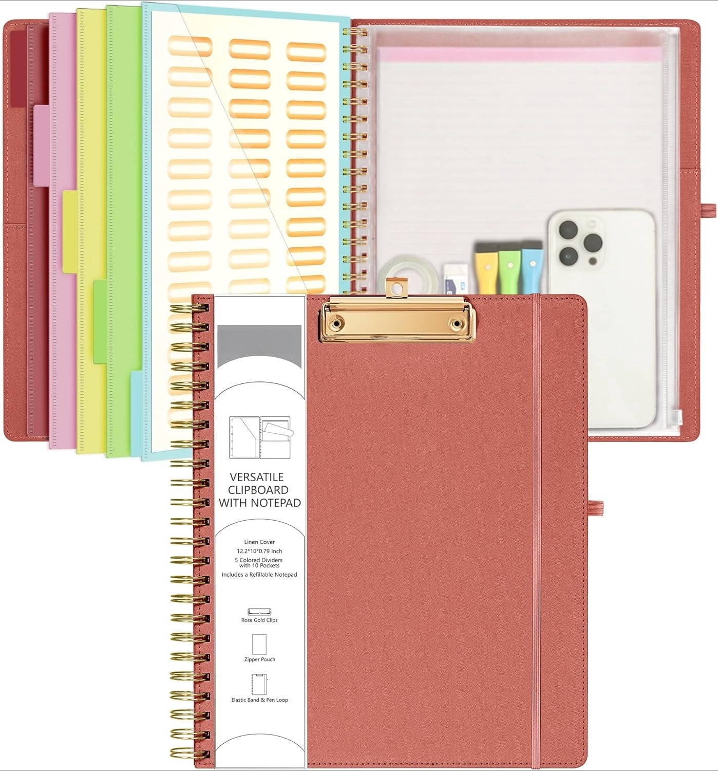 Foldable spiral folder with zippered storage bag, 5 plastic folders ...