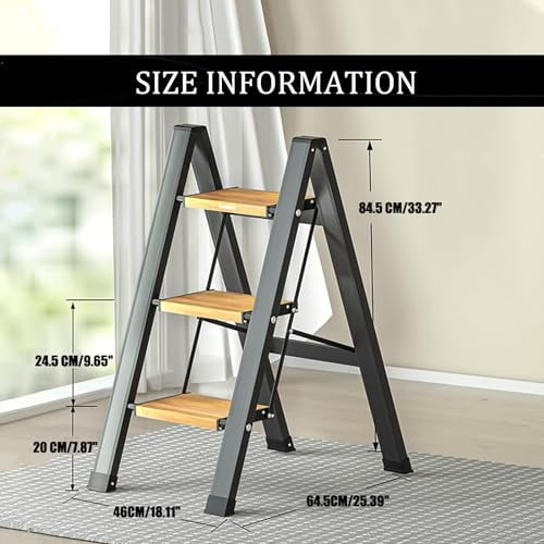 Folding 3 Step Ladder Woodgrain Aluminum Kitchen Step Stool, Anti-Slip ...