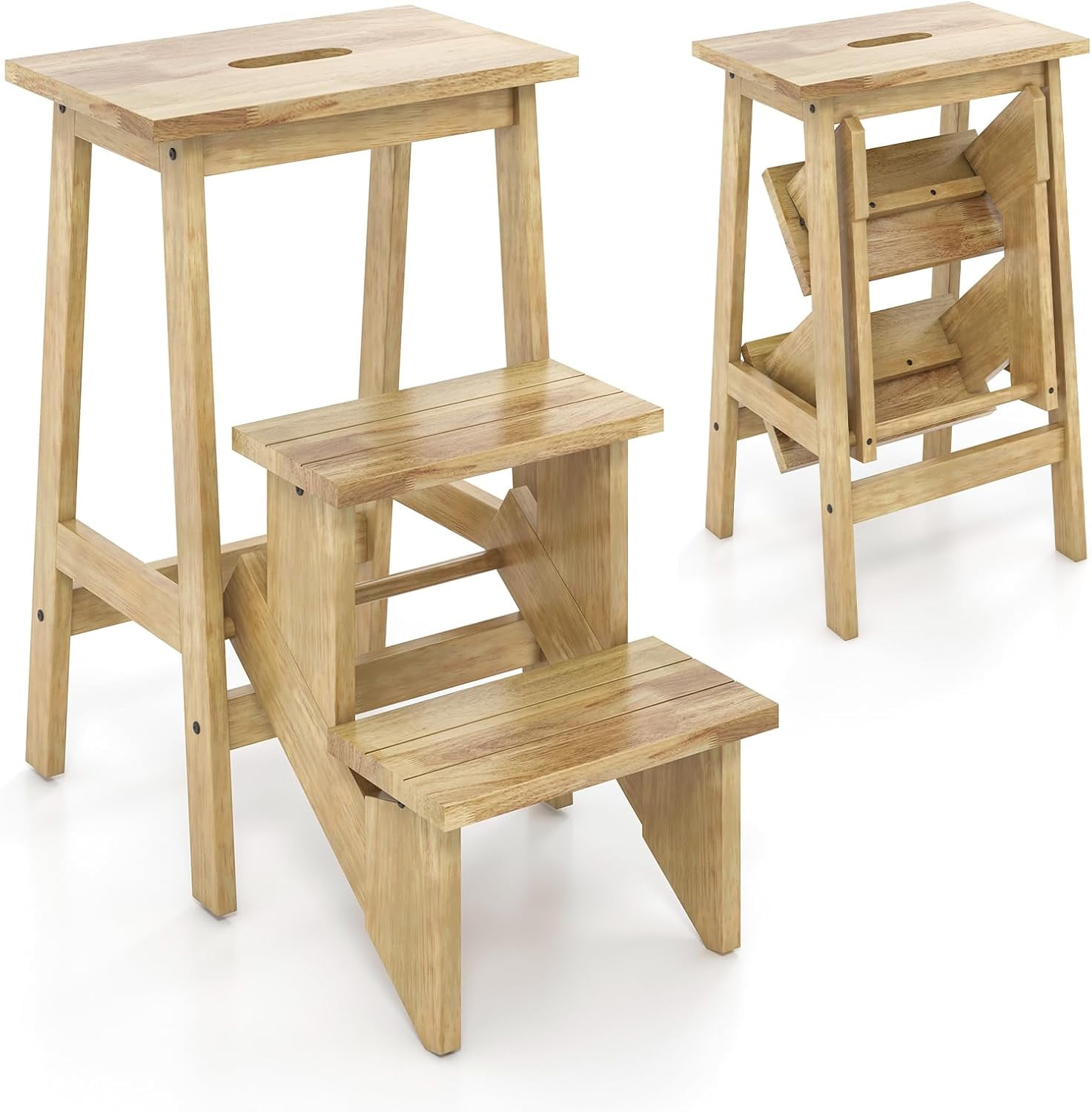 Folding 3 Step Stool, 3 in 1 Wooden Step Ladder with Handle, Non-Slip ...