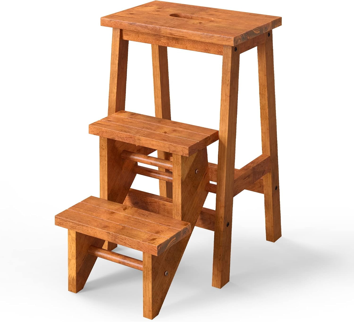 Folding 3 Step Stool, 3 in 1 Wooden Step Ladder with Handle, Non-Slip ...