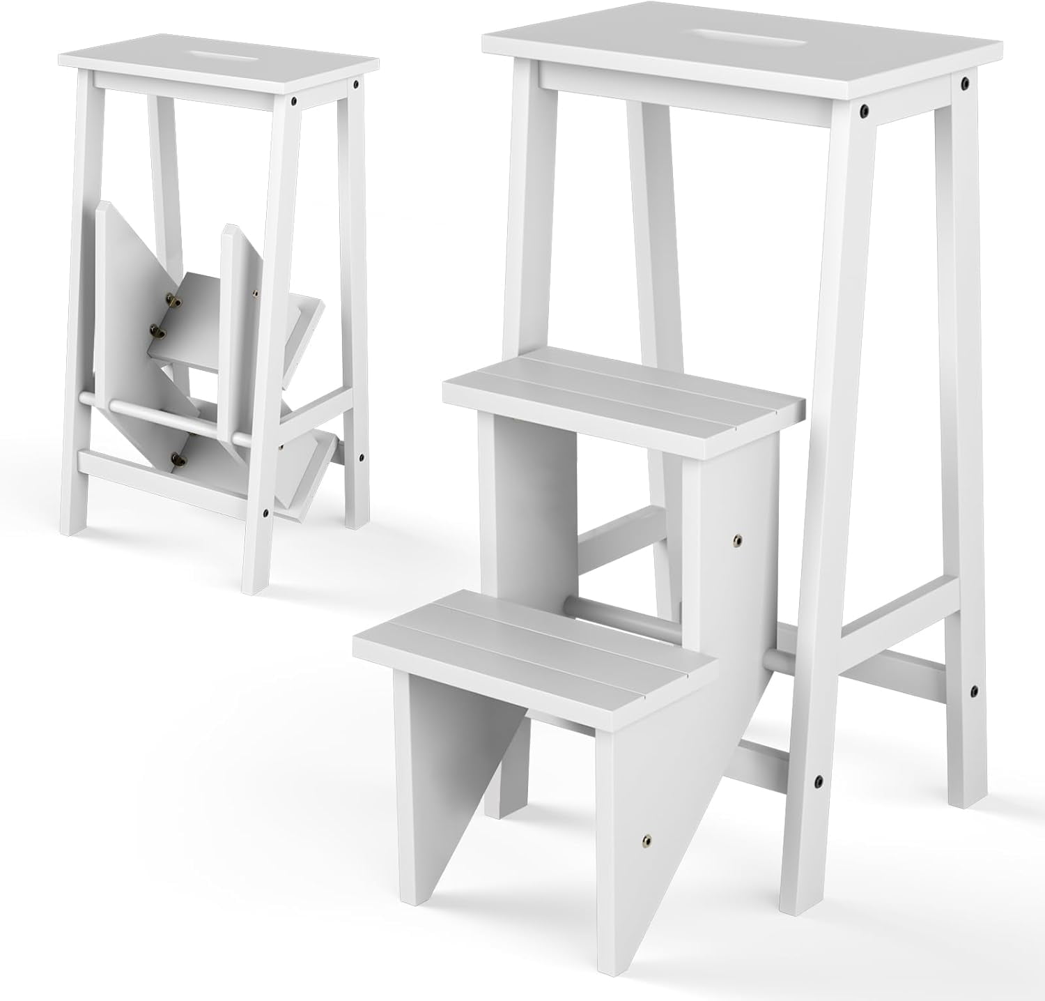 Folding 3 Step Stool, 3 in 1 Wooden Step Ladder with Handle, Non-Slip ...