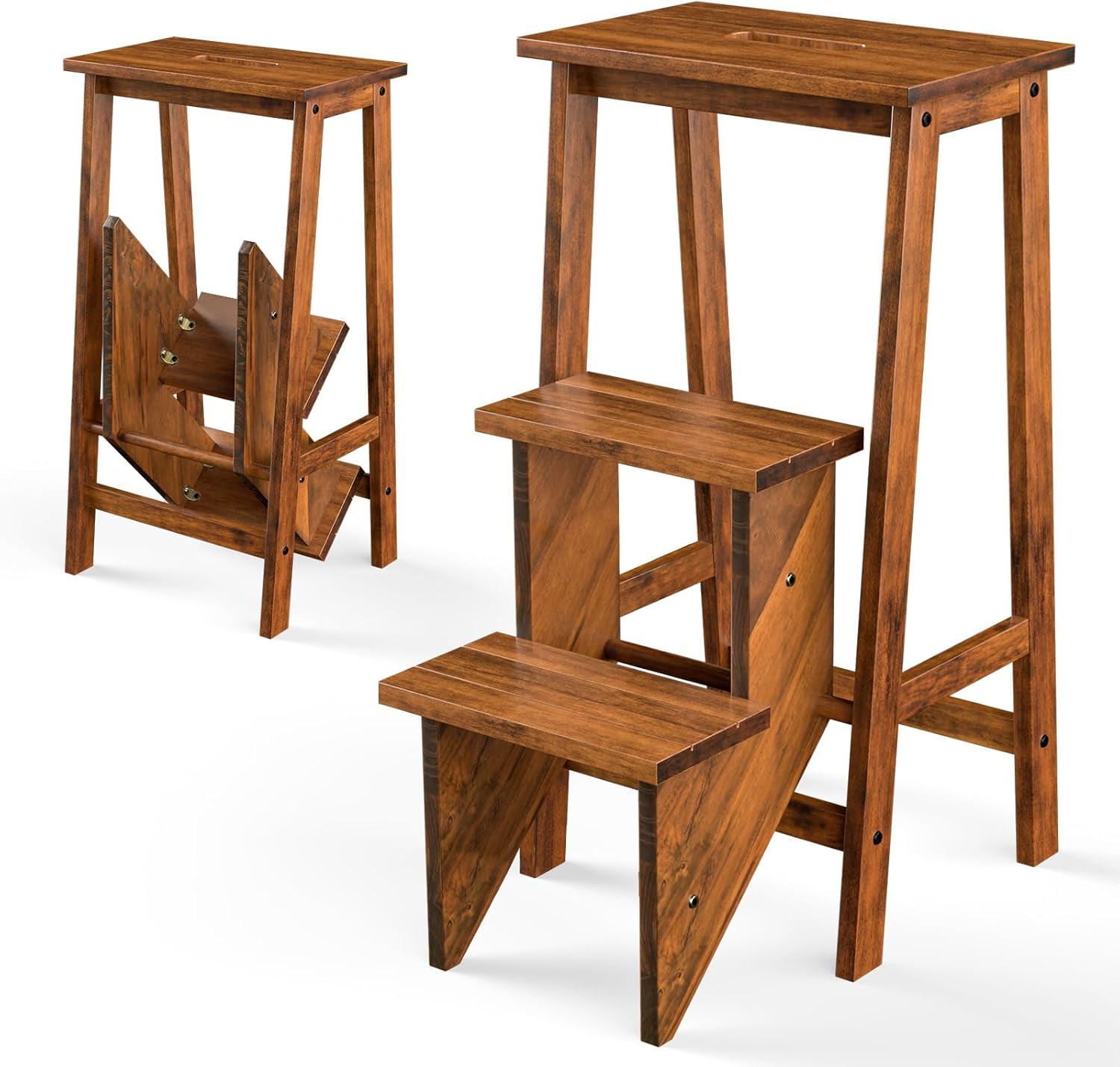 Folding 3 Step Stool, 3 in 1 Wooden Step Ladder with Handle, Non-Slip ...