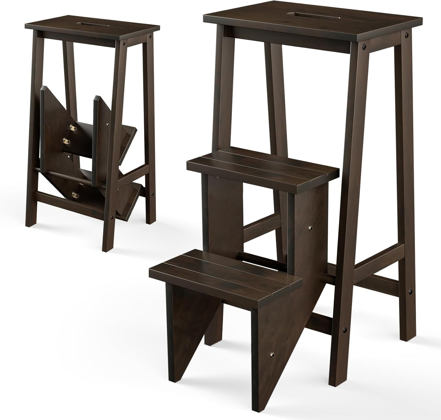 Folding 3 Step Stool, 3 in 1 Wooden Step Ladder with Handle, Non-Slip ...