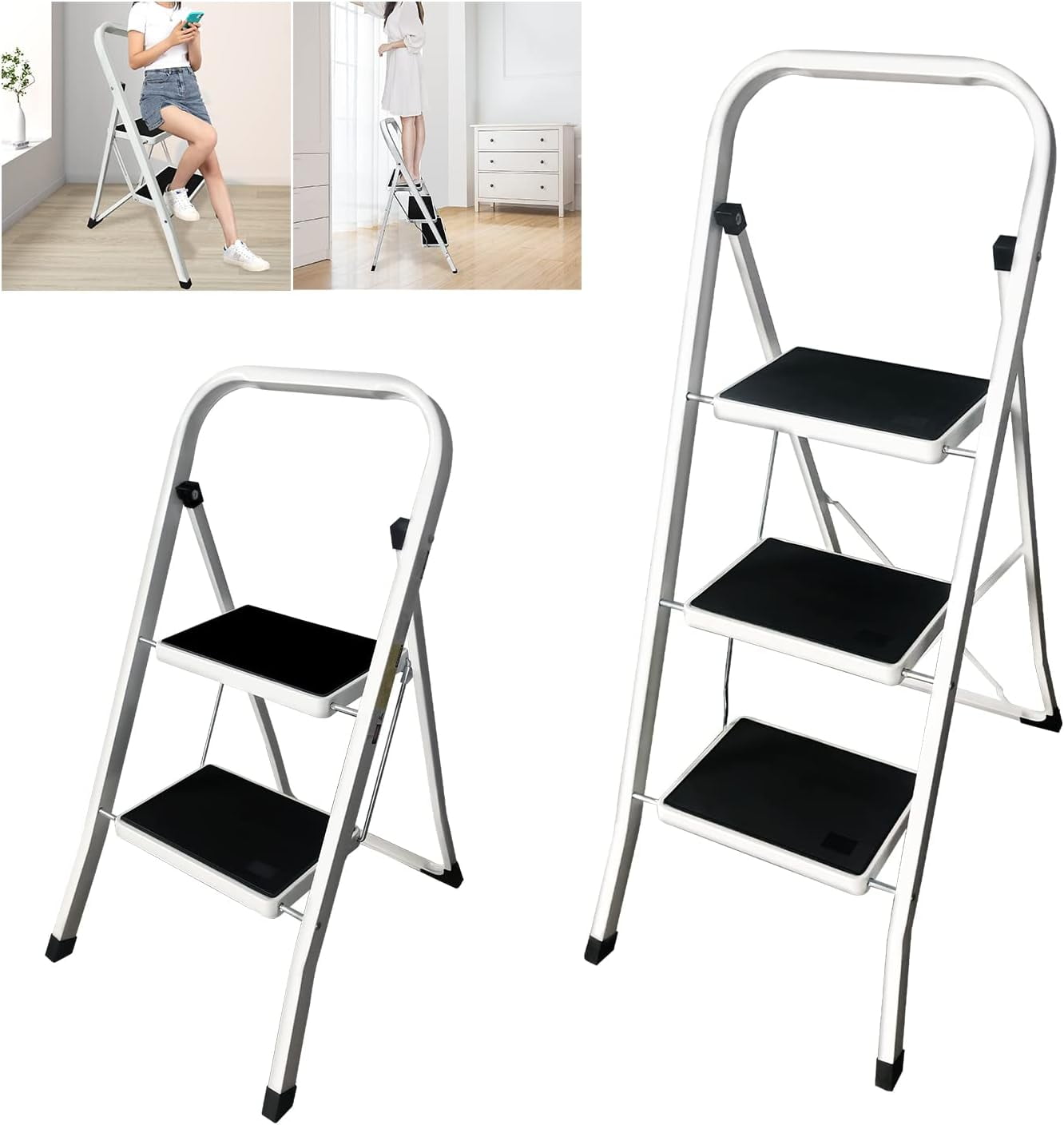 Folding 3 Step Stools for Adults, Portable Lightweight 3 Step Ladder ...
