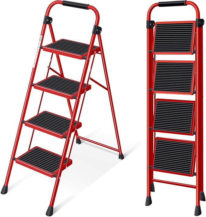 Folding 4-Step Steel Ladder with Handrails, Wide Pedals, Heavy-Duty for ...