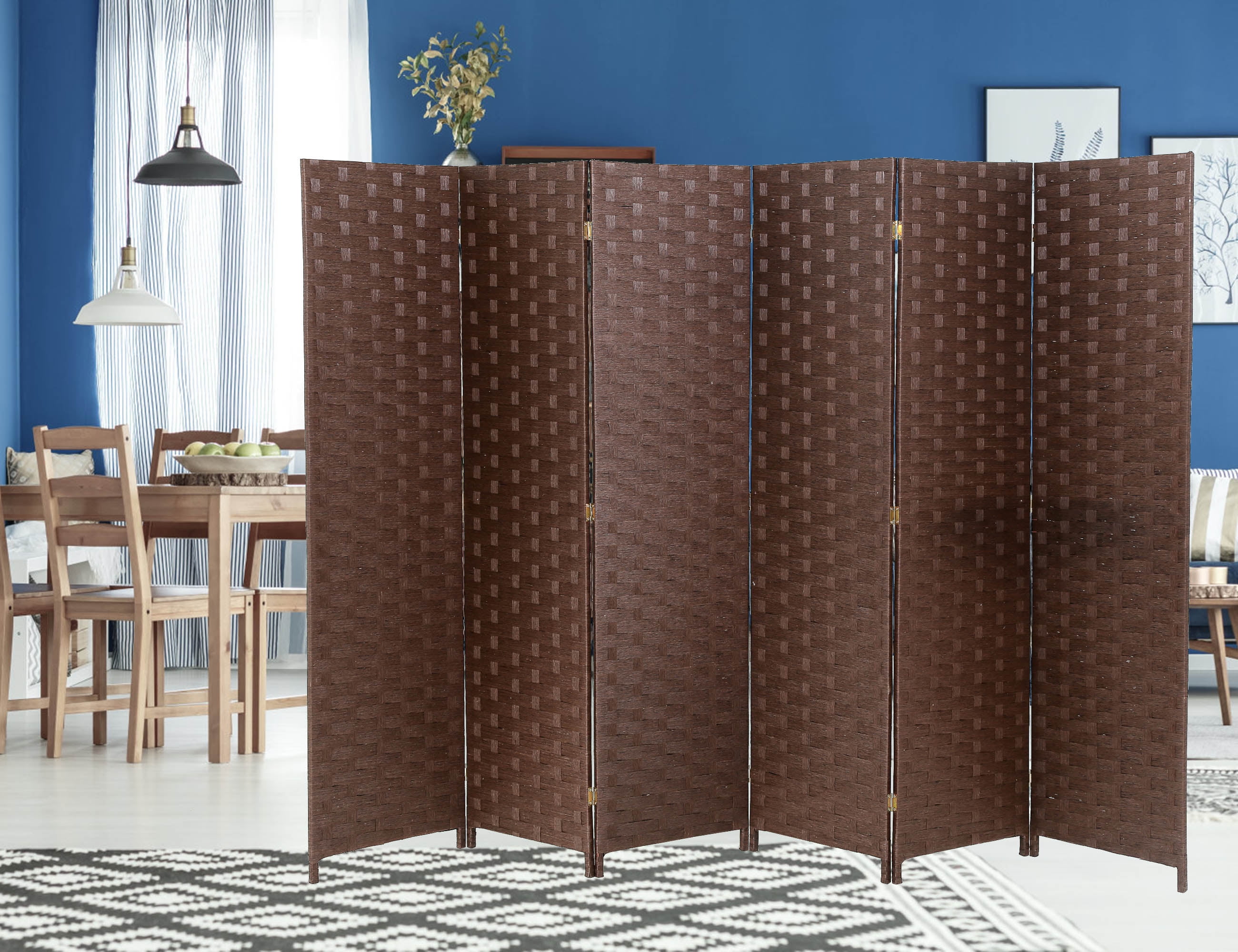 Folding 6 Panels Room Dividers Wood Mesh Woven Design Freestanding ...