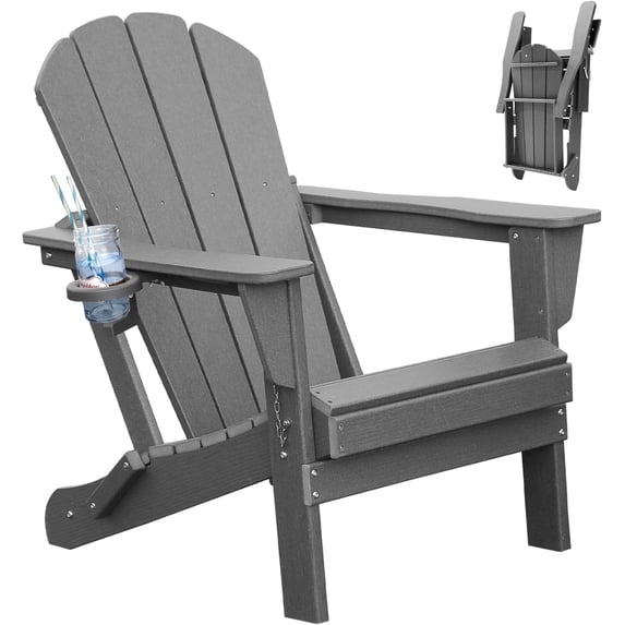 Folding Adirondack Chair, All-Weather HDPE Lawn Chair with Cup Holder ...