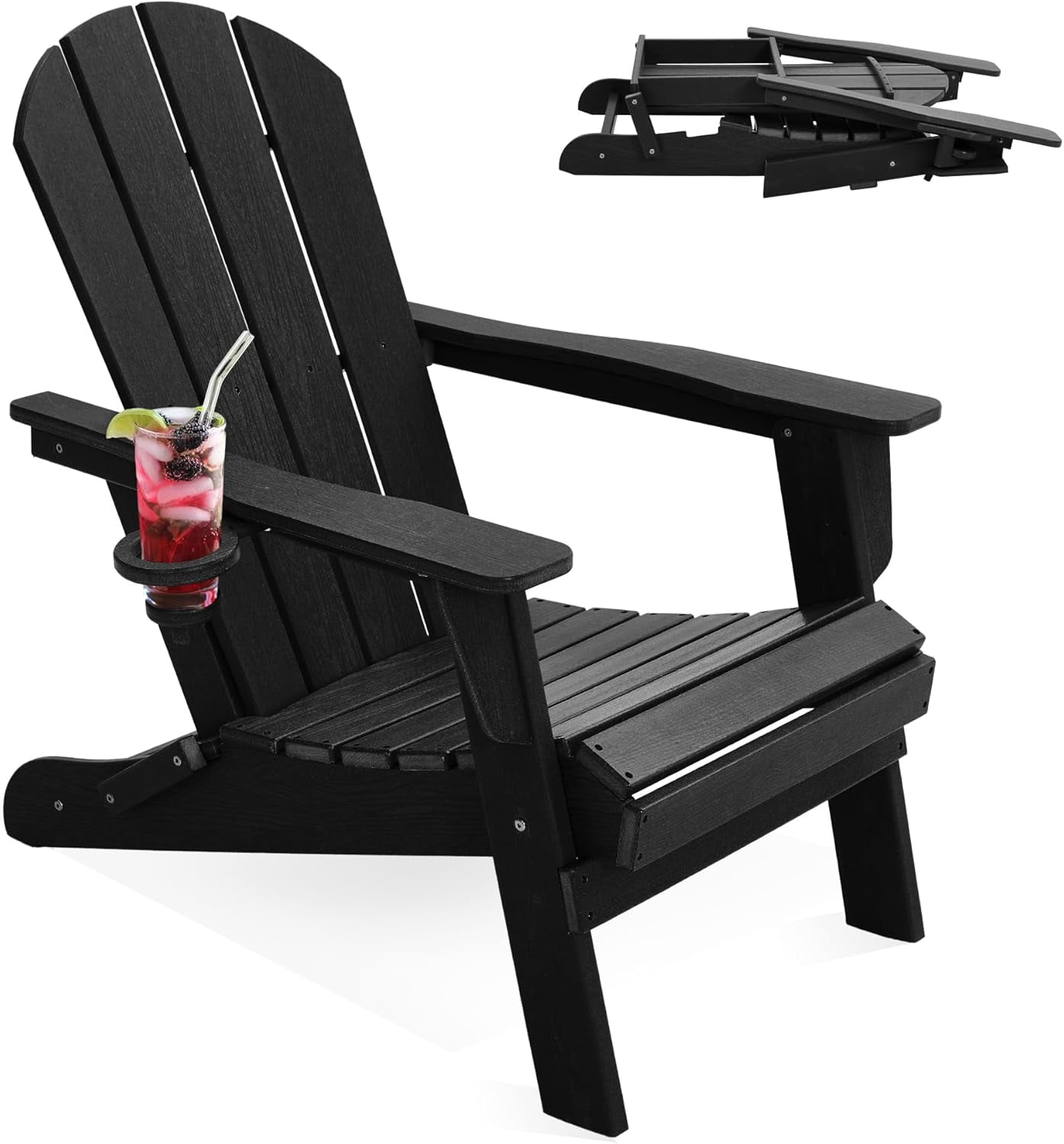 Folding Adirondack Chair with Cup Holder, HDPE All-Weather Folding ...