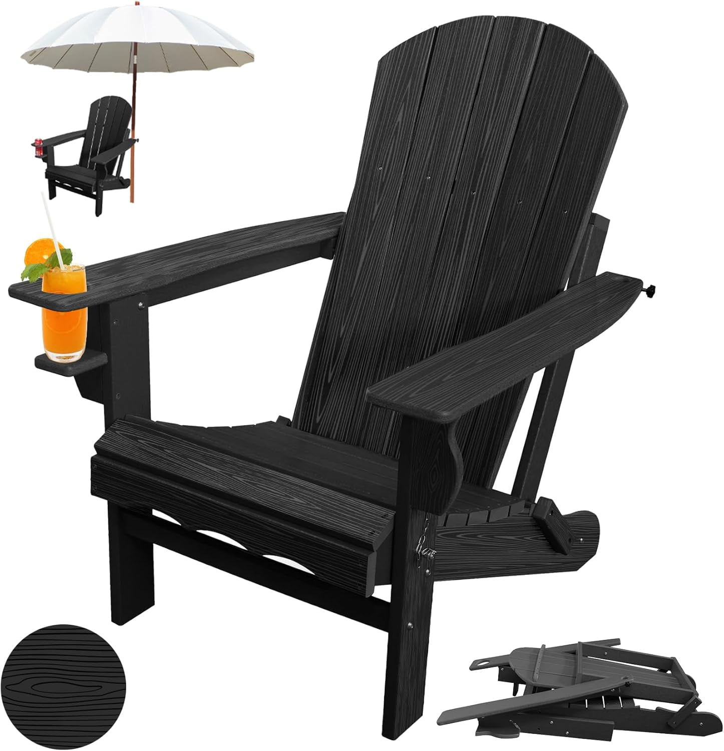 Folding Adirondack Chair, HDPE Plastic Black Adirondack Chairs Weather Resistant, Oversized ...