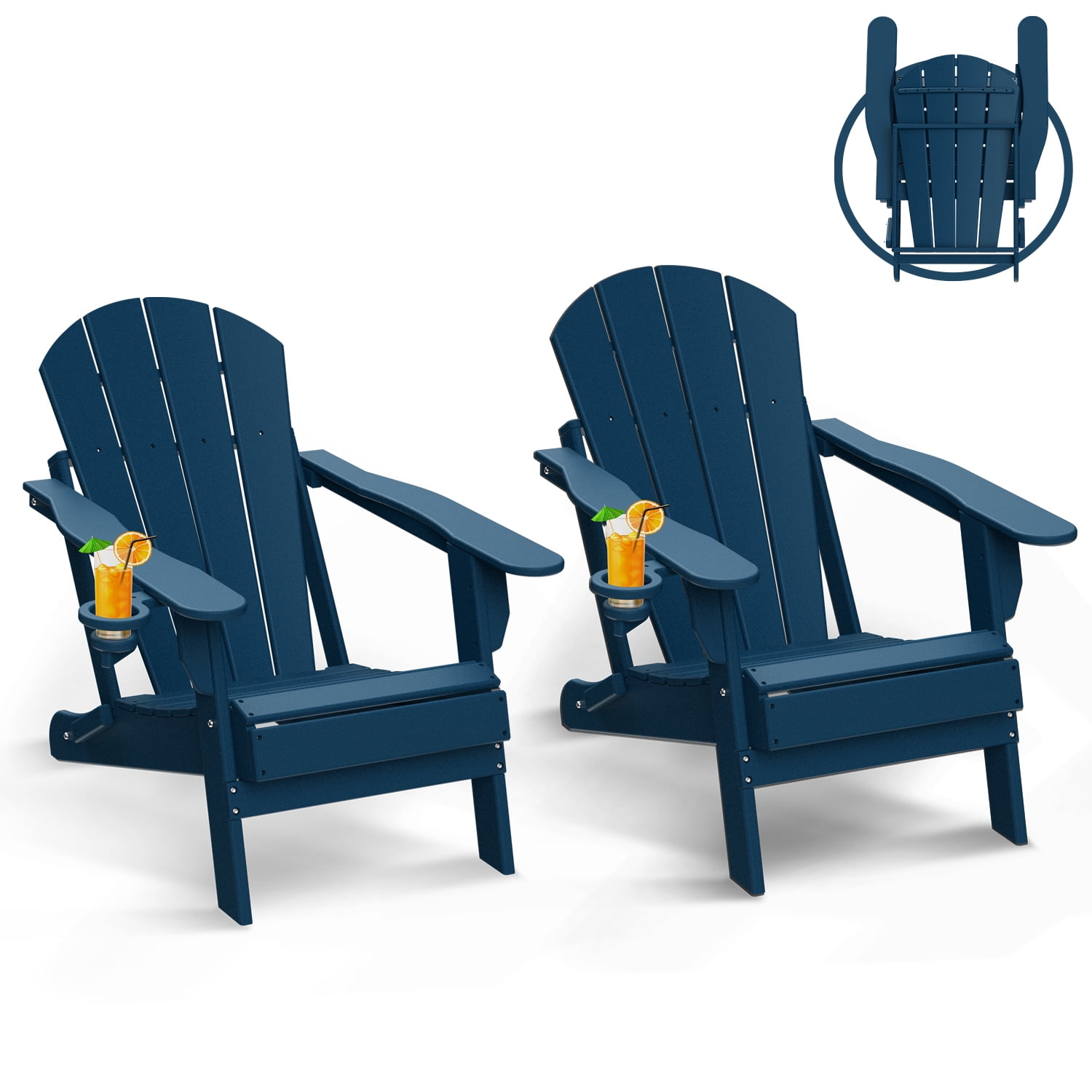 Blue HDPE Folding Adirondack Patio Chairs w/Cup Holder, Weather ...