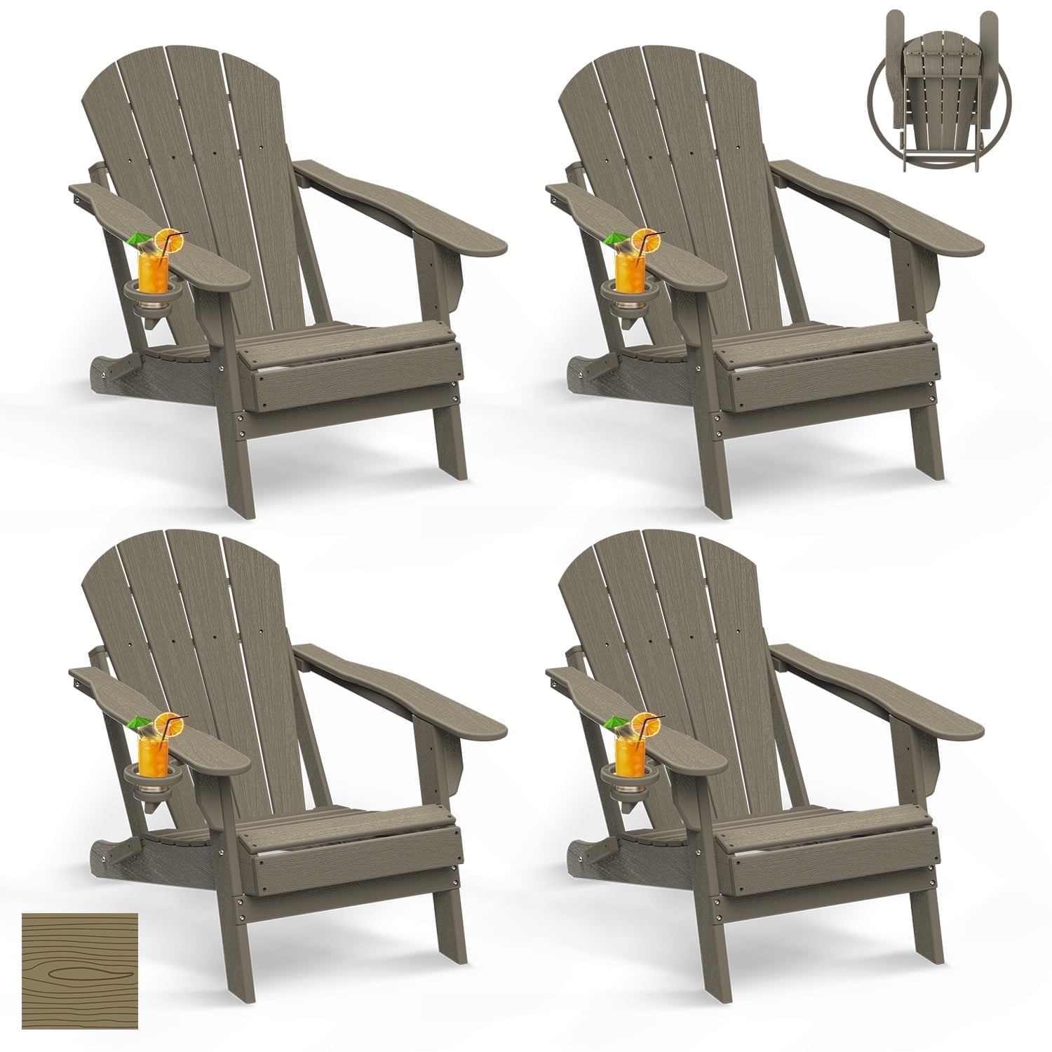 Folding Adirondack Chair HDPE Weather Resistant Patio Chairs w/Cup ...