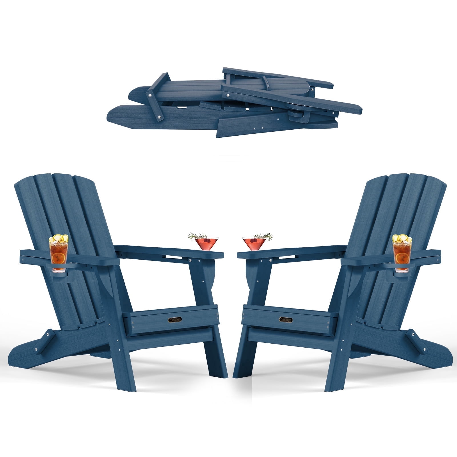 Folding Adirondack Chair set of 2, HDPE All-Weather Lawn Chair with 2 ...