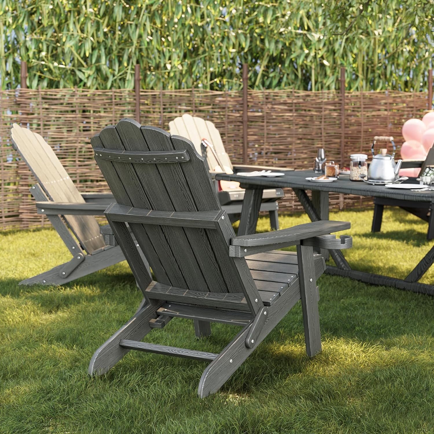 Aiho Folding Adirondack Chair with Pull-Out Ottoman, Gray, Outdoor ...
