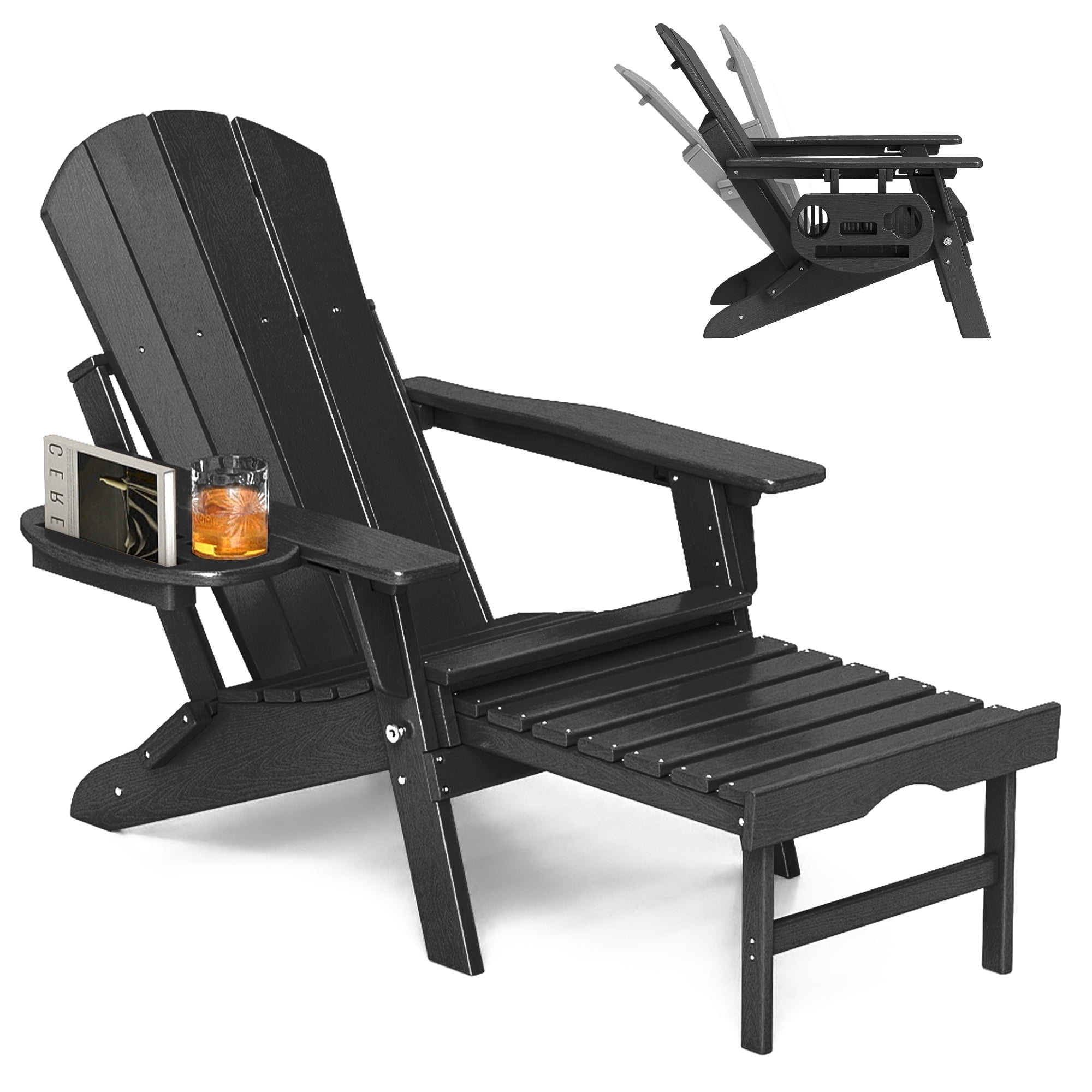 Folding Adirondack Chair with Retractable Ottoman, HDPE All-Weather ...