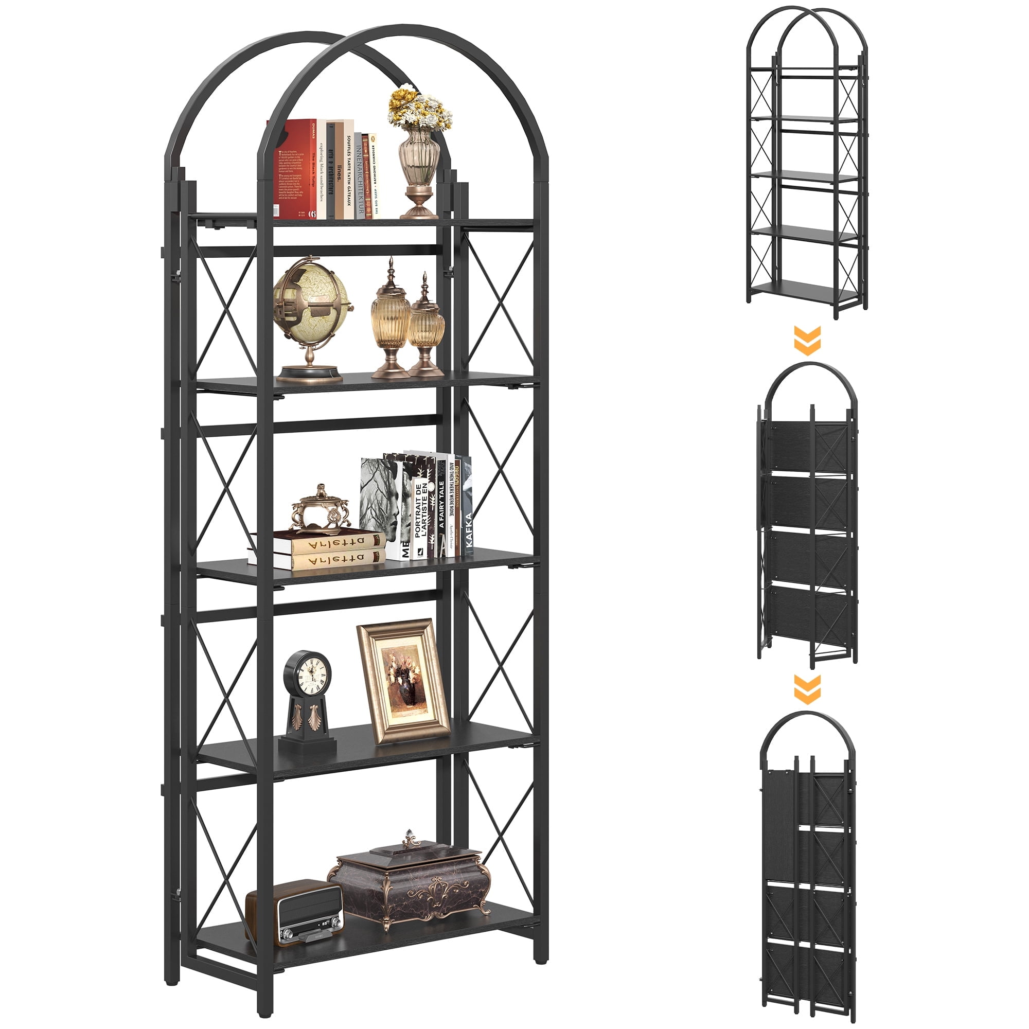 Semoic Folding Arched Bookshelf with Storage Shelves, 5-Tier ...