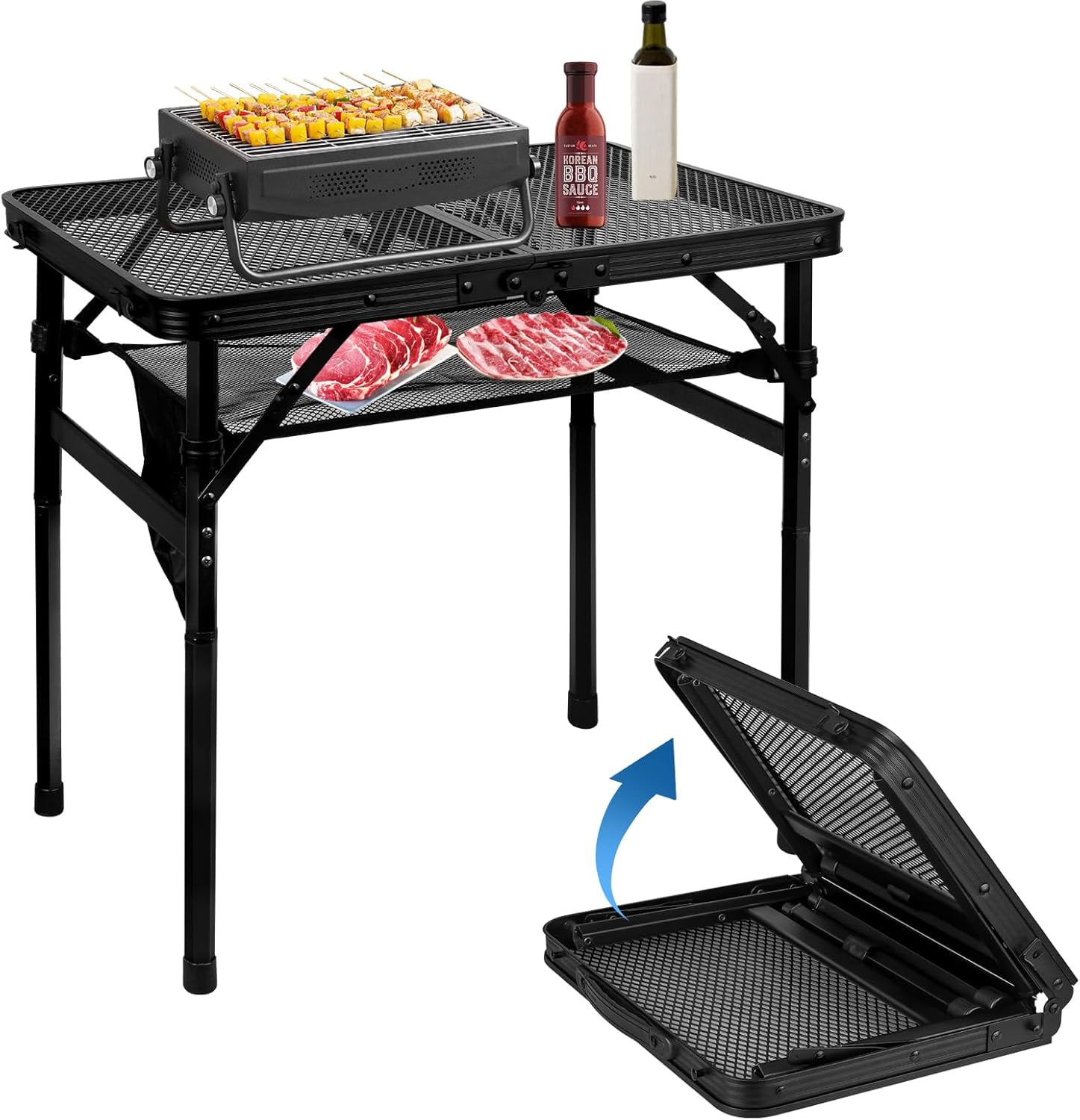 Folding BBQ Table, Height Adjustable Aluminum Table with Mesh Tabletop ...