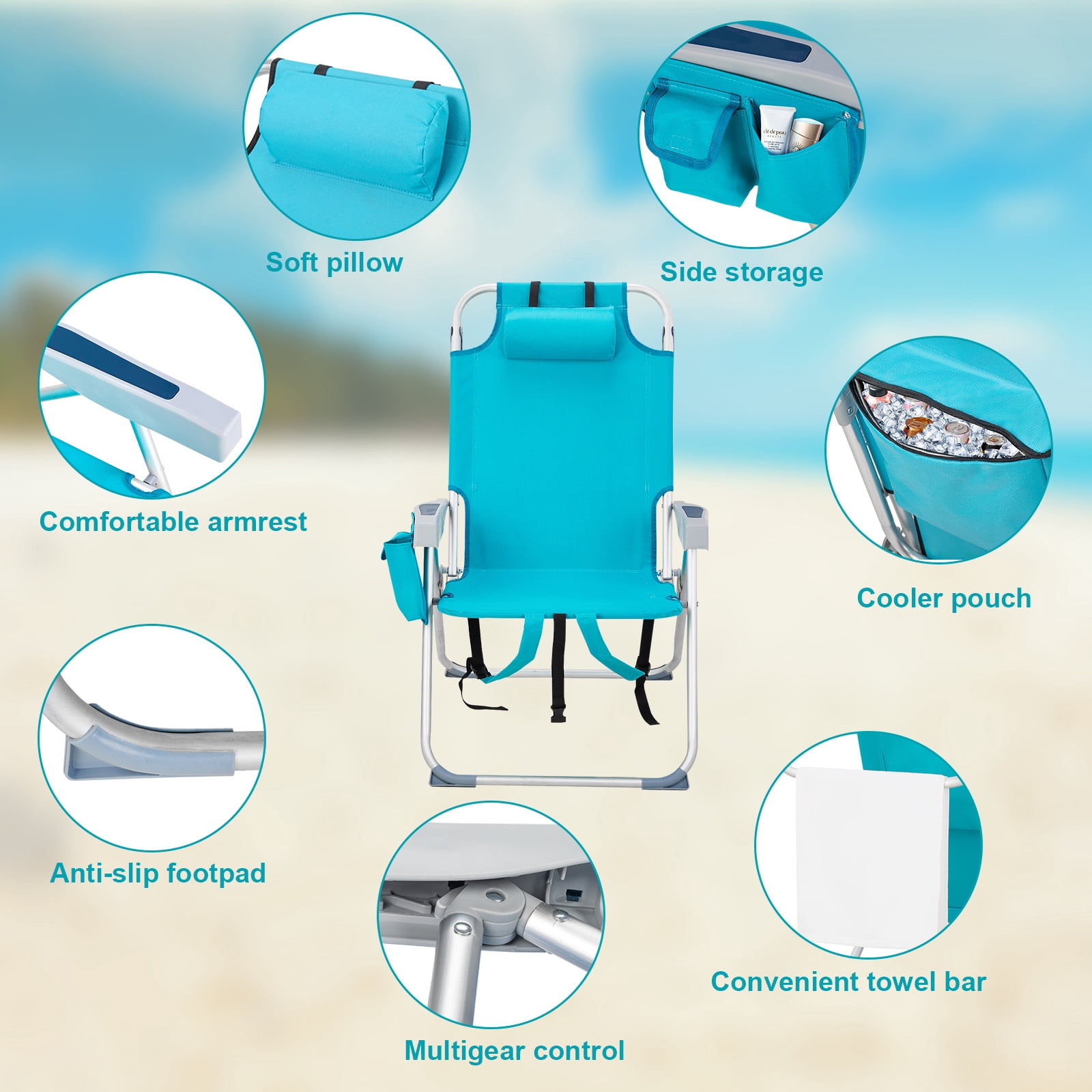 Folding Backpack Beach Chair, High Back Beach Chairs for Adults ...
