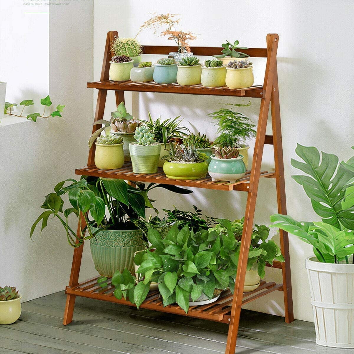 Folding Bamboo Plant stand, 3-Tier Flower Pot Rack Display Shelf ...