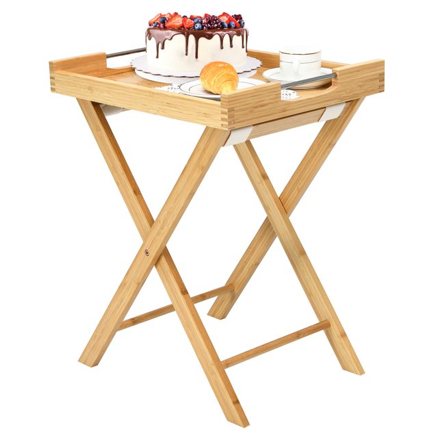 Folding Bamboo TV Tray Table, Portable Side Table w/Detachable Serving ...