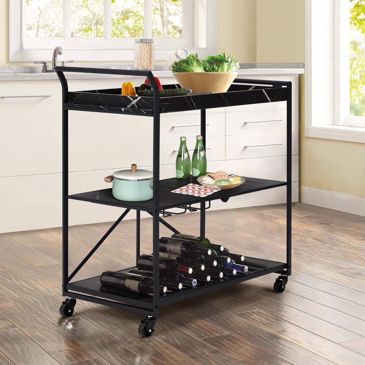Folding Bar Cart Serving Cart on Lockable Wheels 3-Tier Rolling Utility ...