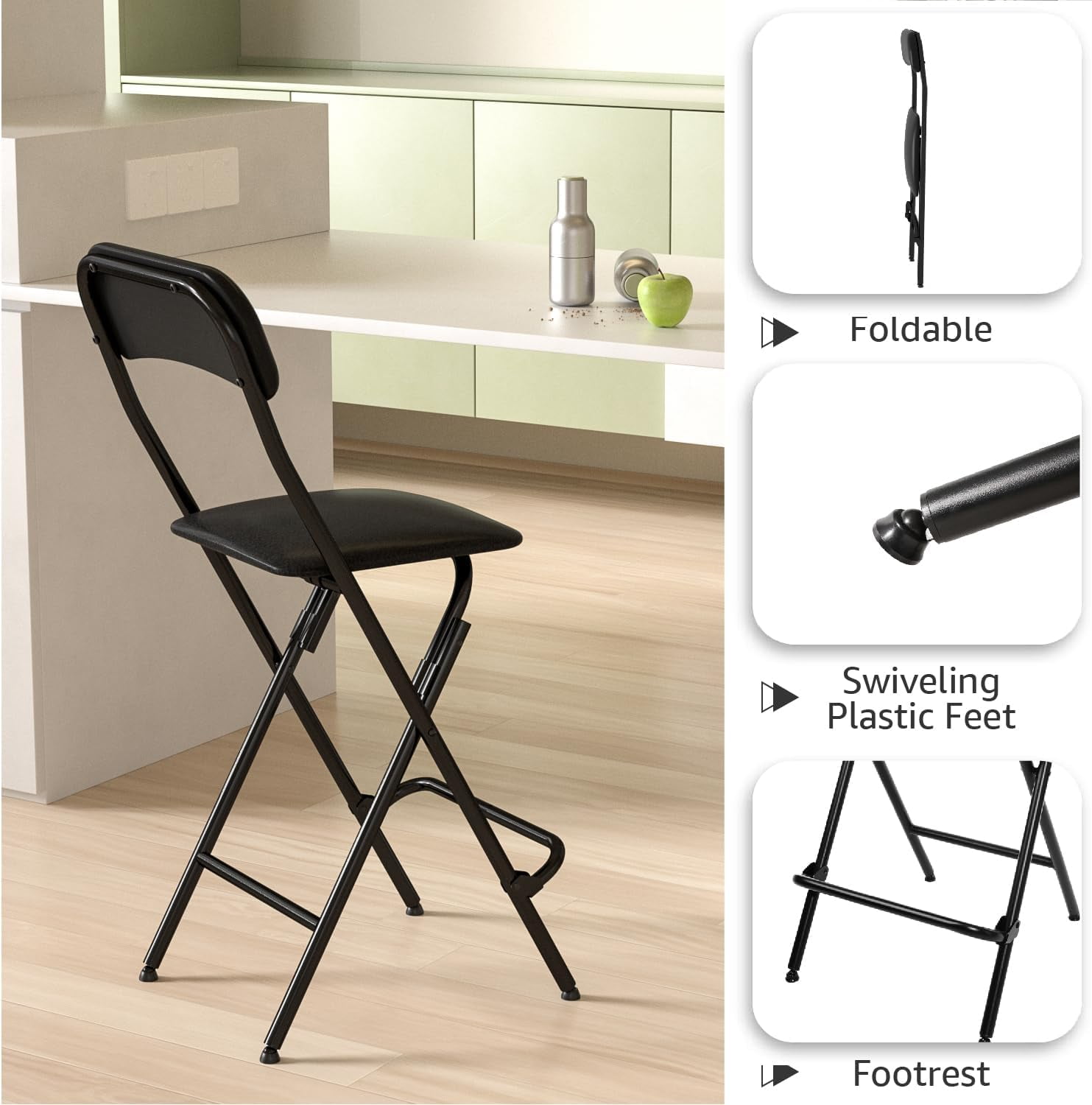 Folding Bar Stools with Back, 25 Inch Counter Height Collapsible Bar ...