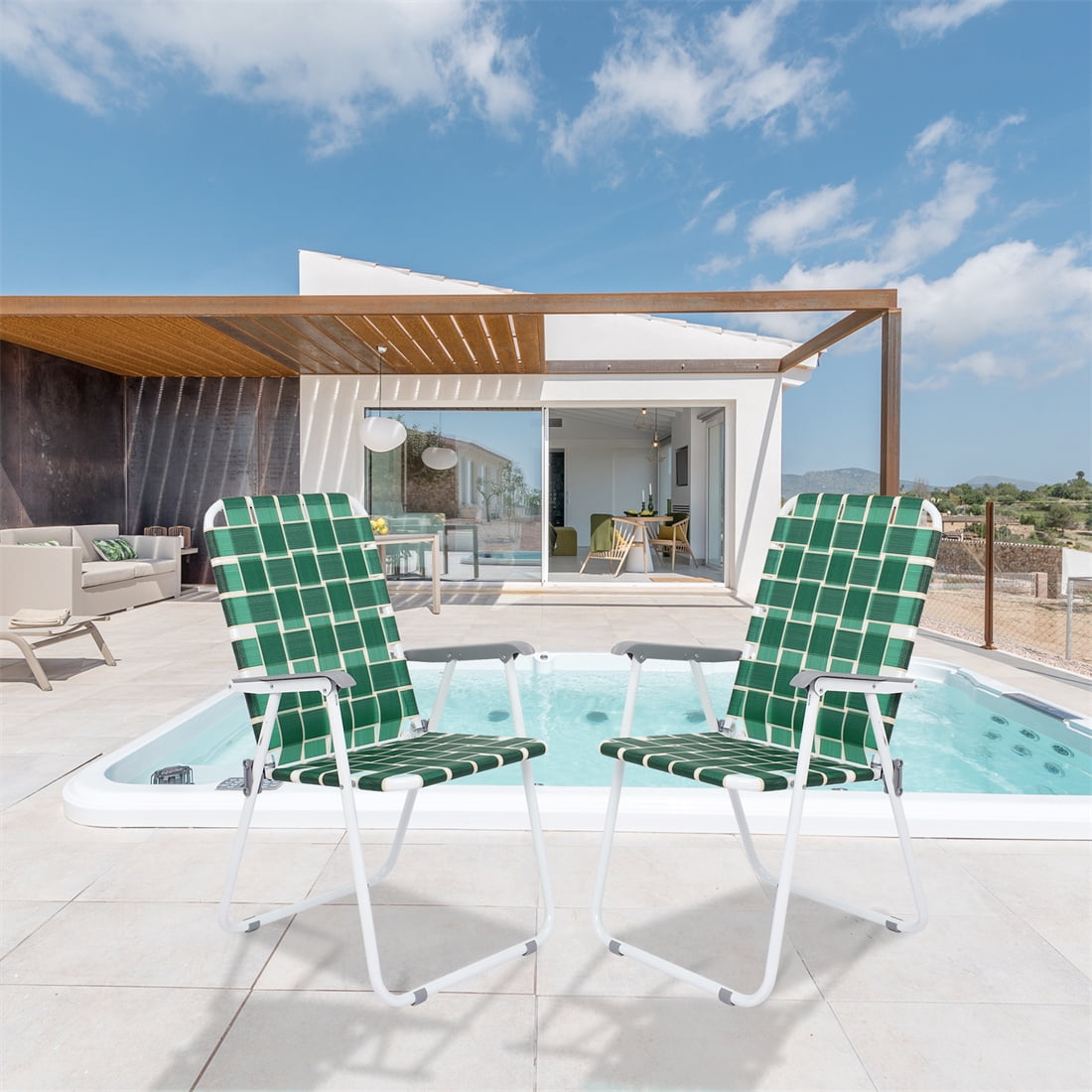 Folding Beach Chair Set of 2, Outdoor Beach Chair with Armrest, 2-Piece ...