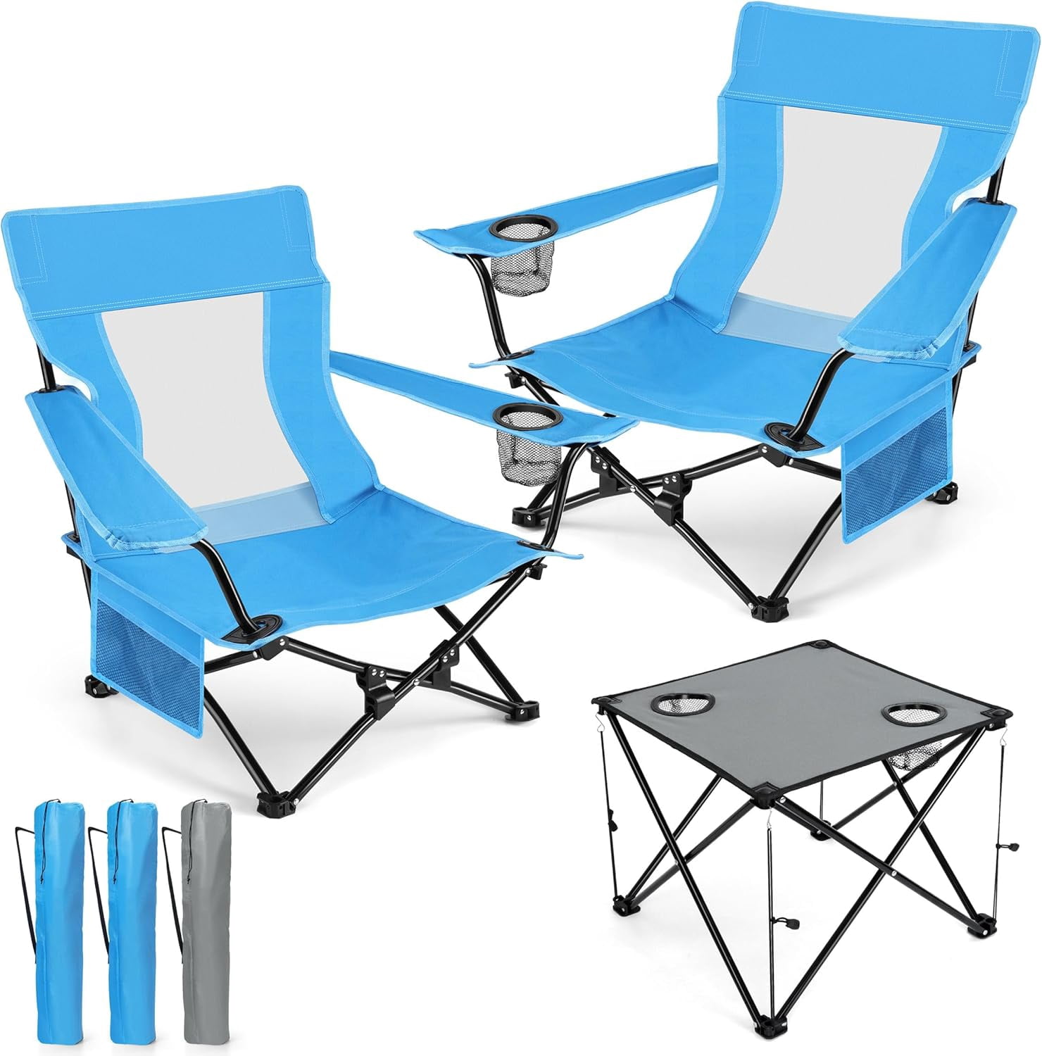 Folding Beach Chair Set of 3, Foldable Blue Camping Chairs & Grey Table ...