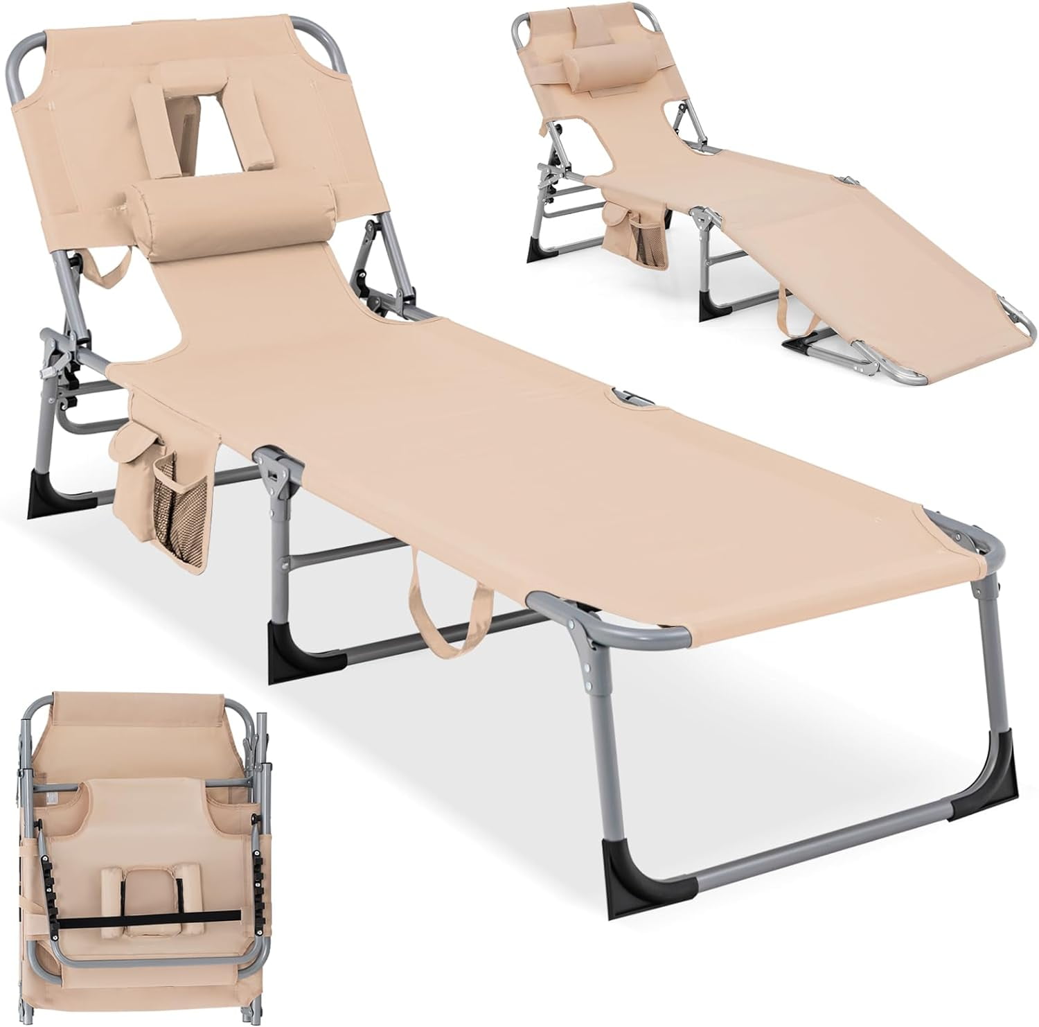 Folding Beach Lounge Chair, Tanning Chair with Face Hole, 5-Position ...