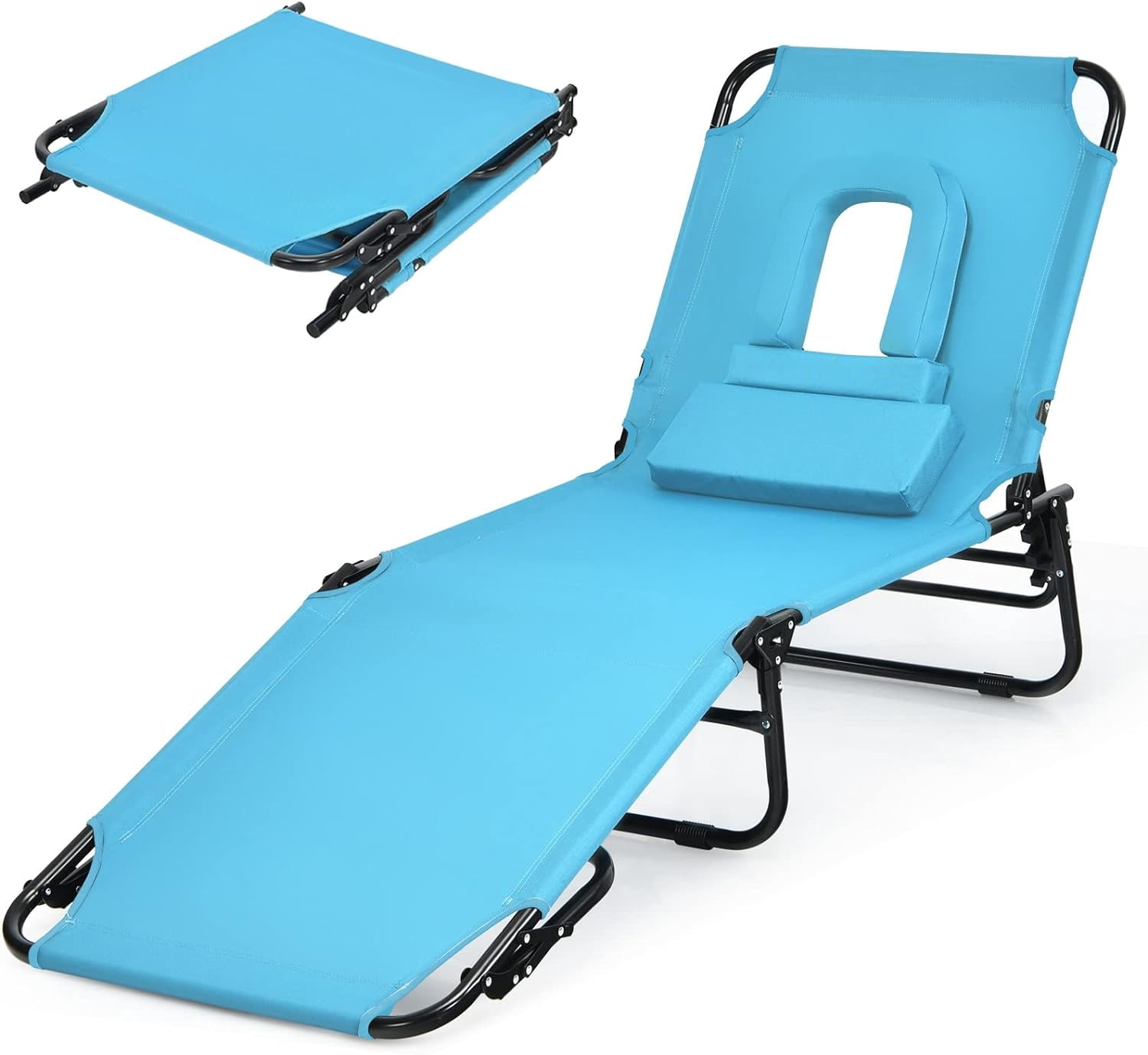 Folding Beach Lounge Chair w/ 5 Adjutable Backrest & Padded Pillow ...
