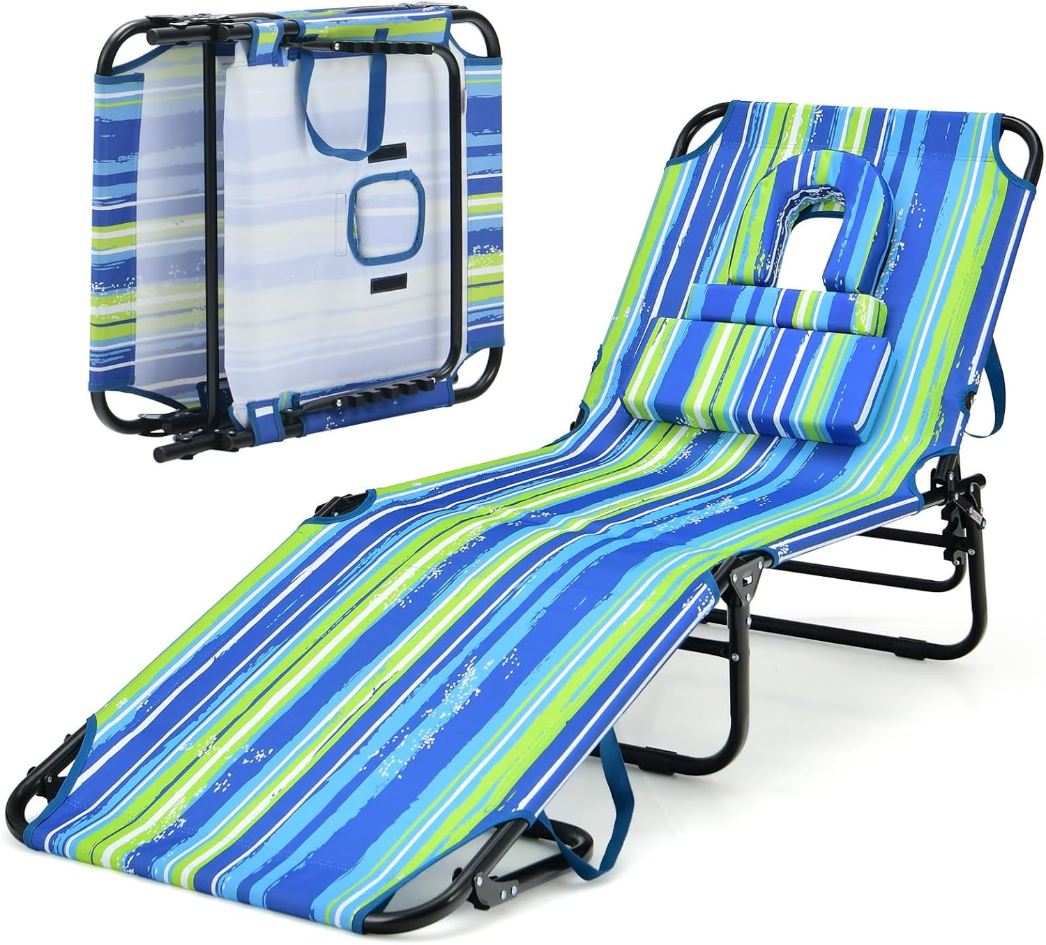 Folding Beach Lounge Chair w/ 5 Adjutable Backrest & Padded Pillow ...