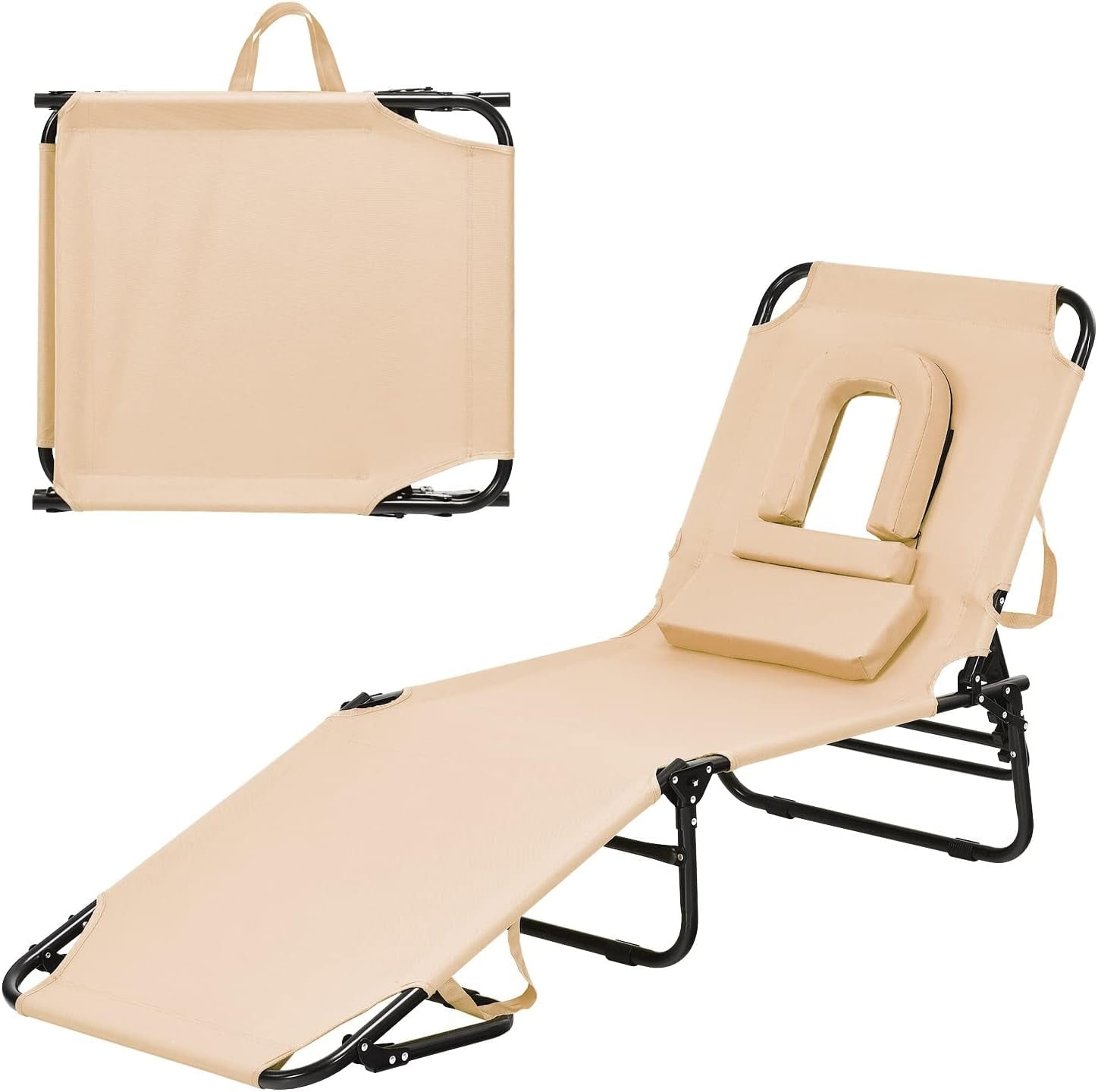 Folding Beach Lounge Chair w/ 5 Adjutable Backrest & Padded Pillow ...
