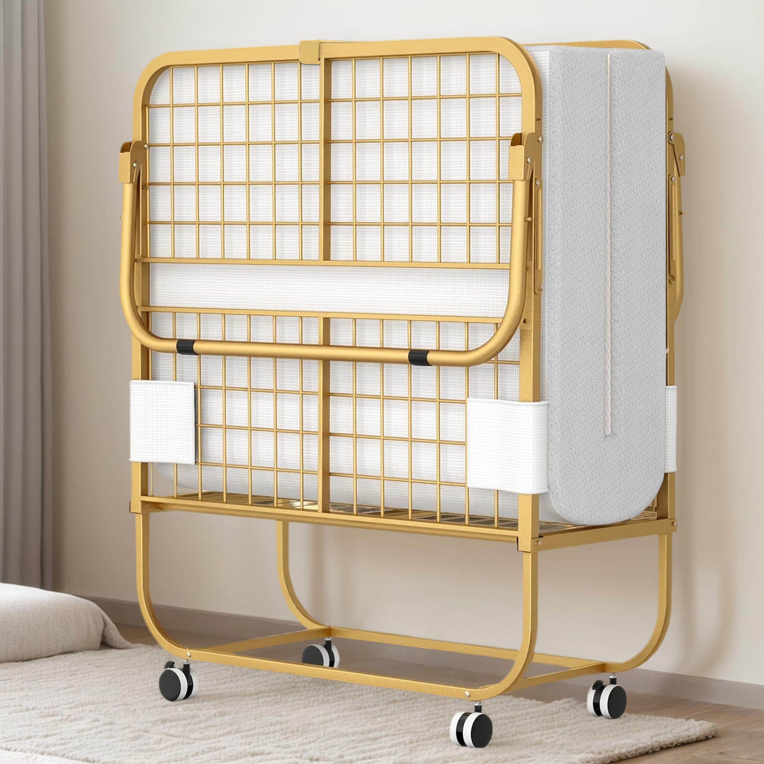 Folding Bed with 4" Memory Foam Mattress, 75" x 46" Rollaway Bed for ...