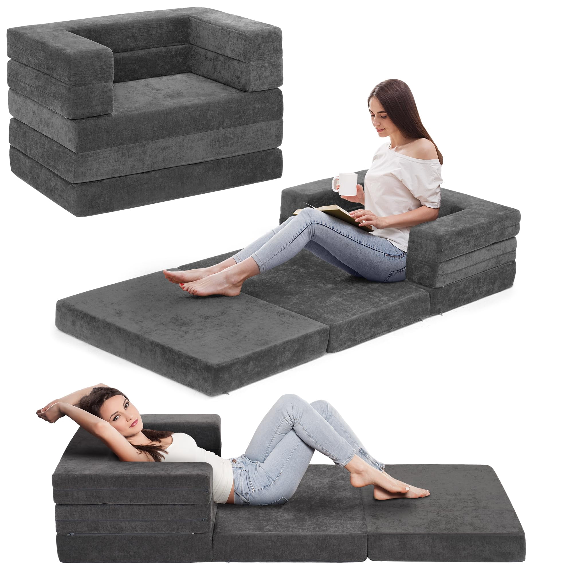 Folding Bed Chair Single Sleeper, 3 in 1 Convertible Couch with L ...