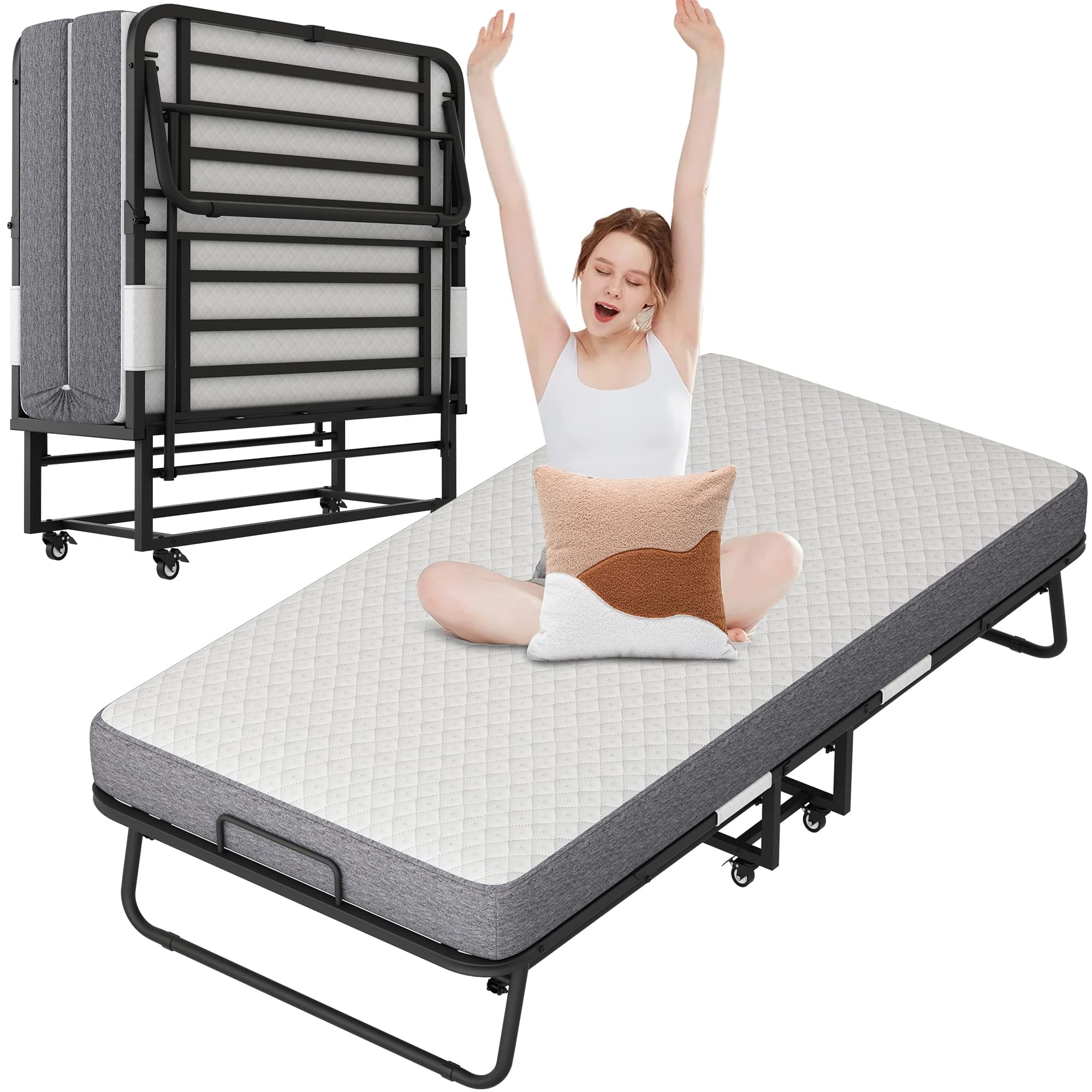 Folding Bed with Mattress 75" x 31" for Adults Single Cot Folded Rollaway Guest Portable ...