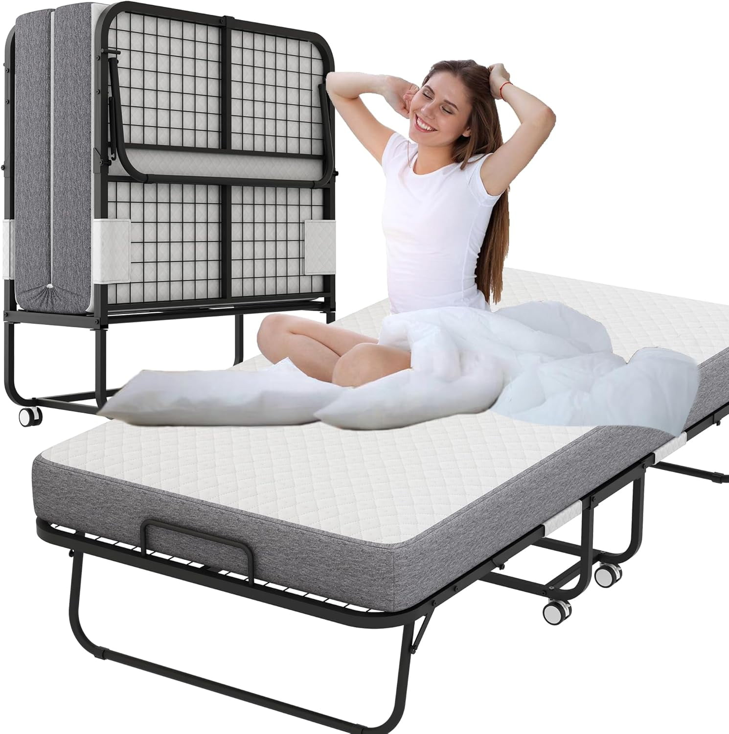 Folding Bed with Mattress 75" x 31" Single Cot Size Folded Rollaway ...