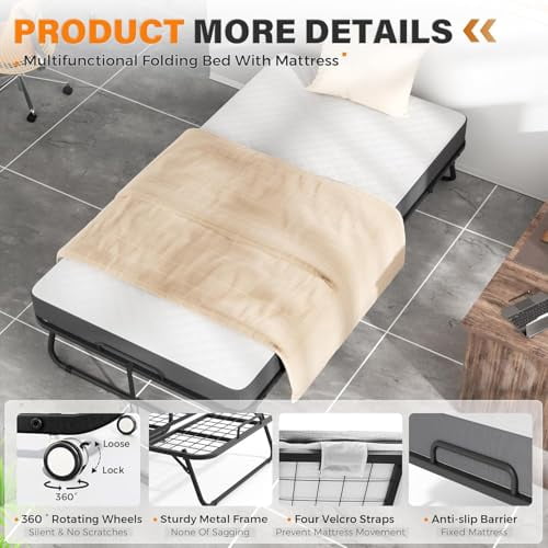 Folding Bed with Mattress, 75” x 38” Portable Rollaway Bed, Space ...