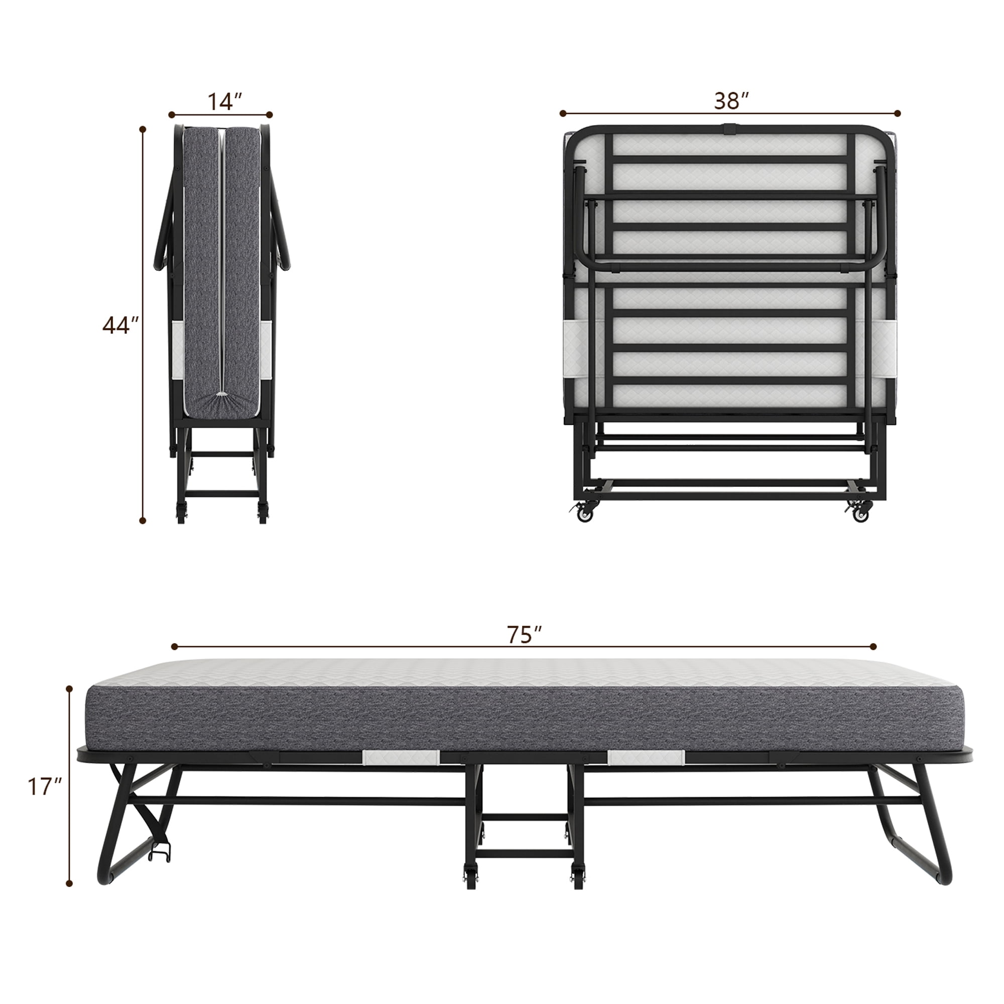 Folding Bed with Mattress 75" x 38" Rollaway Guest Bed Portable ...